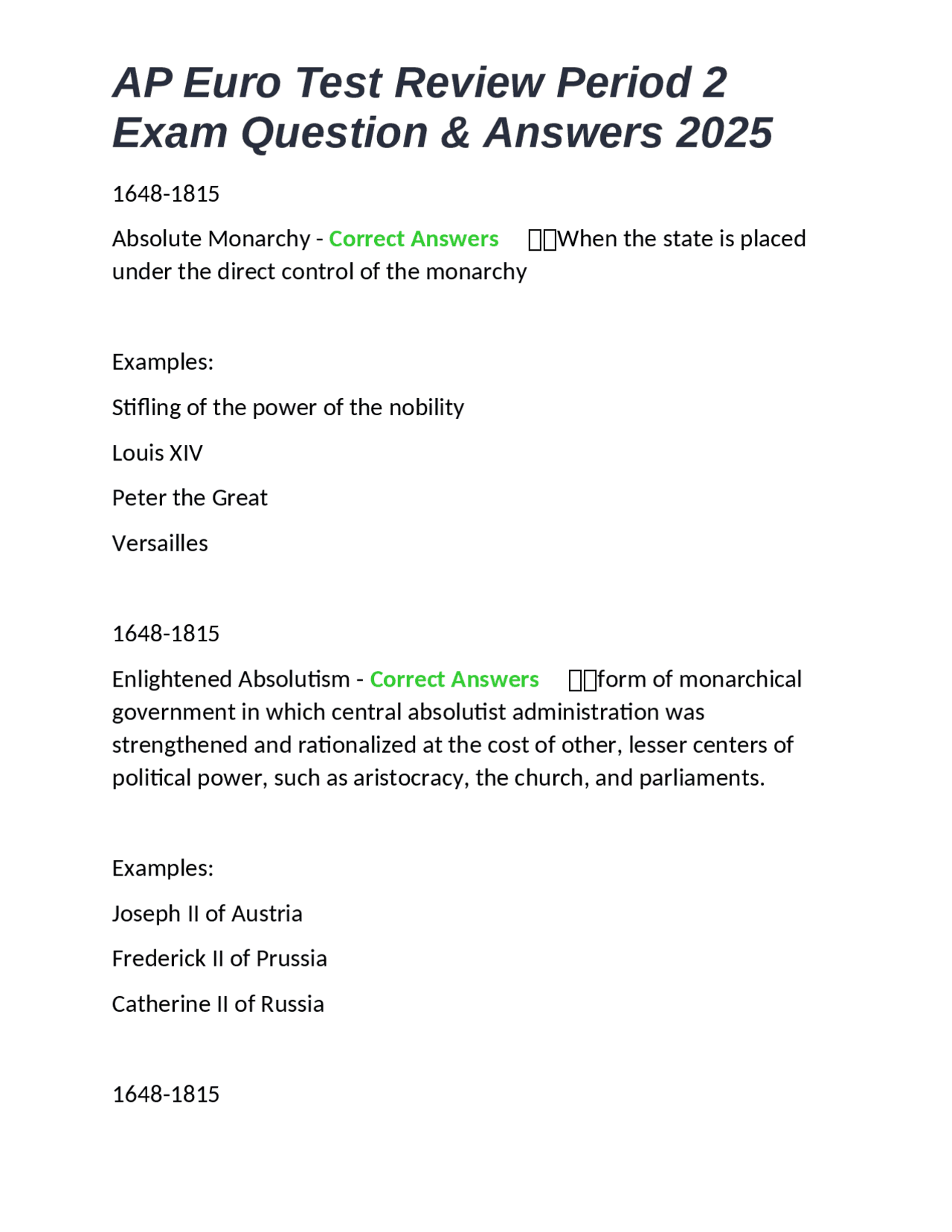 AP Euro Test Review Period 2 Exam Question & Answers 2025 | Exams ...