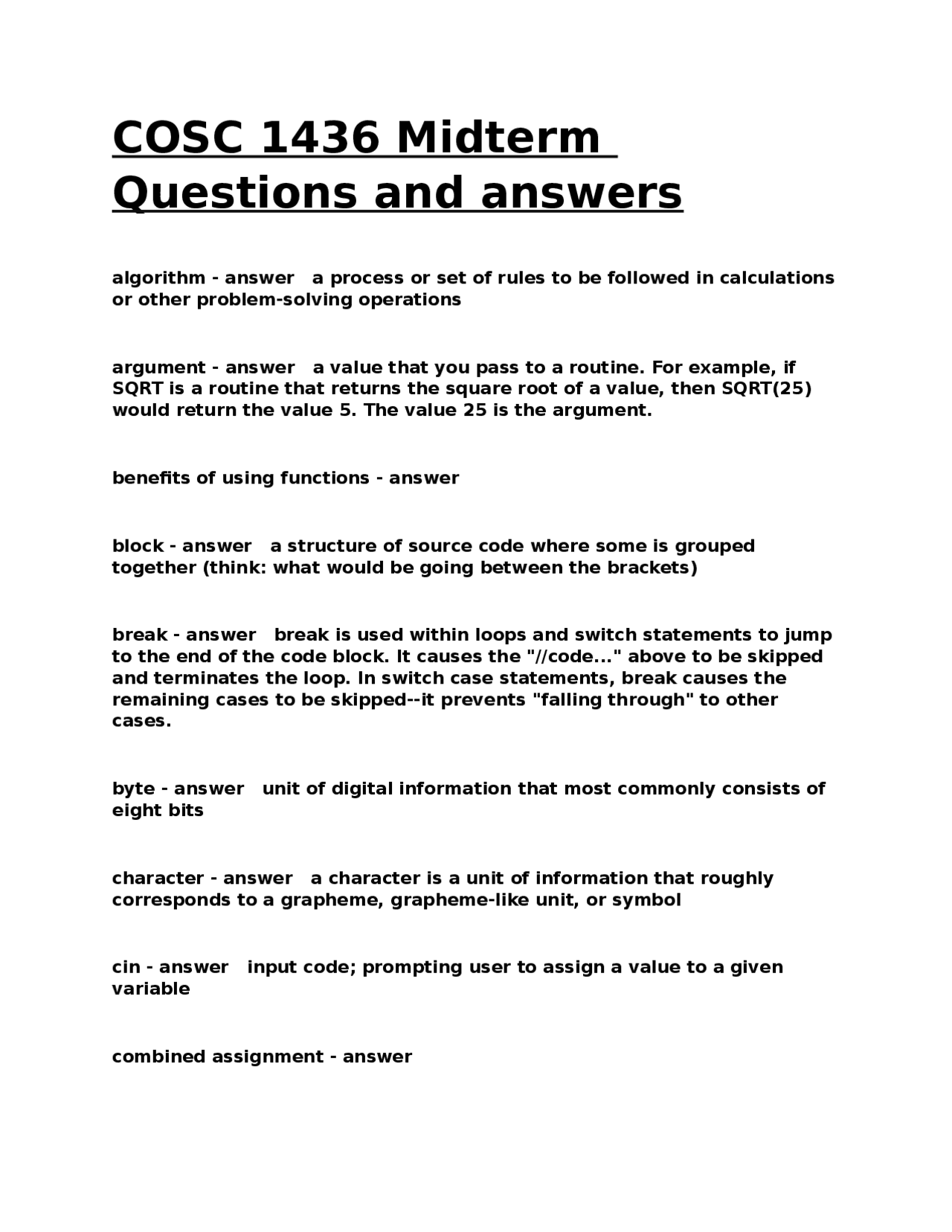 COSC 1436 Midterm: Programming Concepts and Definitions | Exams Biology | Docsity