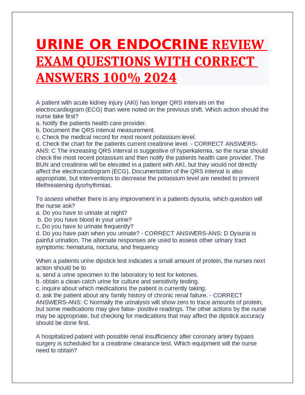 Urine and Endocrine Review Exam Questions with Correct Answers 100% ...