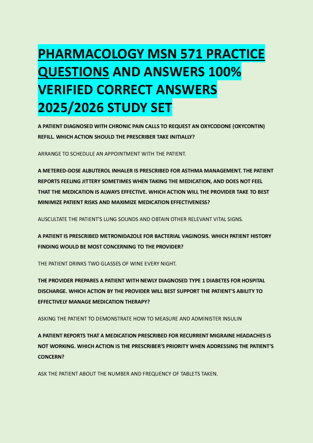 PHARMACOLOGY MSN 571 PRACTICE QUESTIONS AND ANSWERS 100% VERIFIED CORRECT ANSWERS 2025 | Exams ...