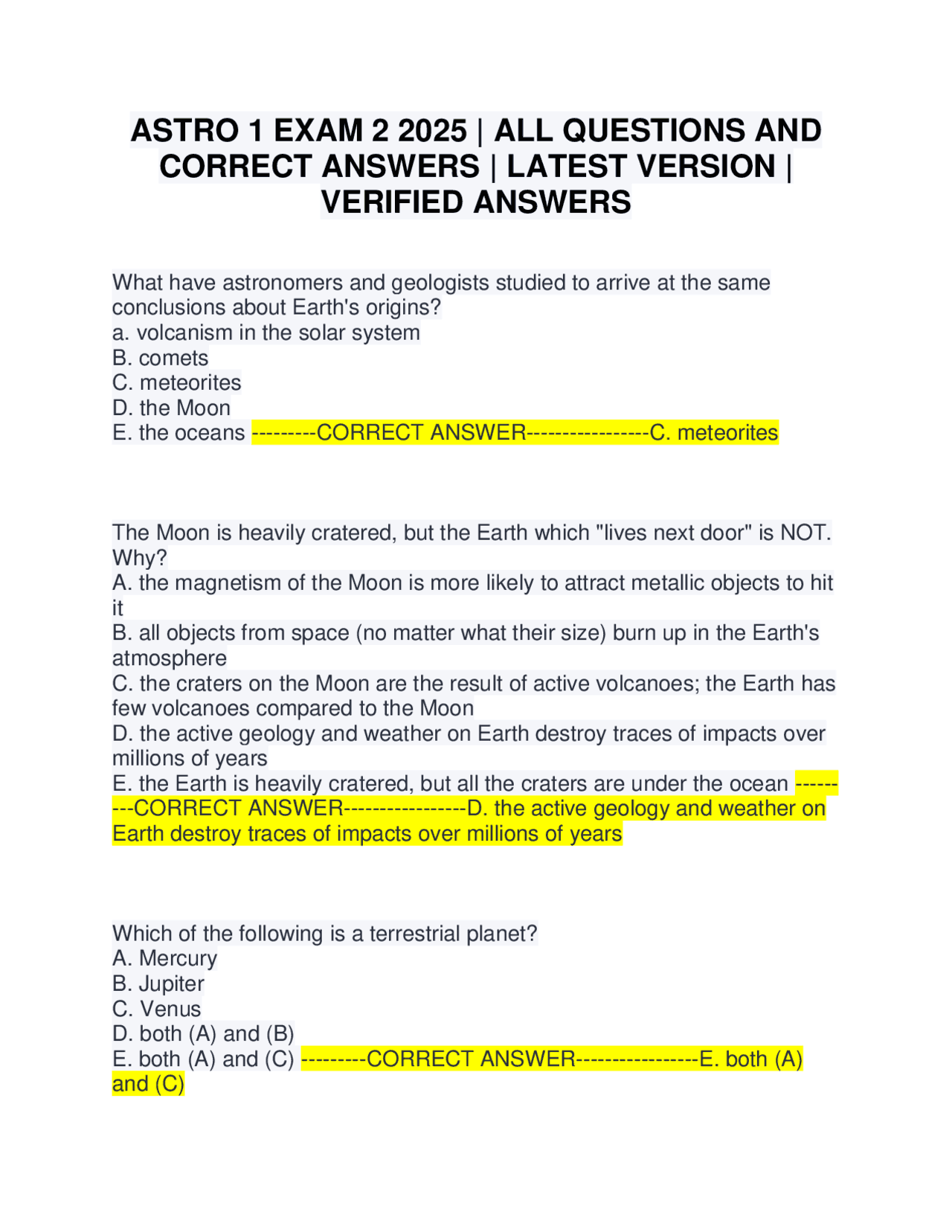 ASTRO 1 EXAM 2 2025: Astronomy Multiple Choice Questions and Answers | Exams Nursing | Docsity