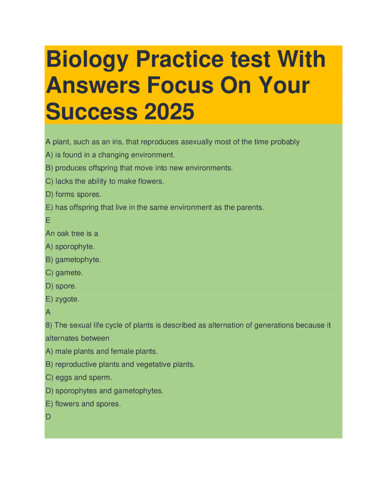 Biology Practice test With Answers Focus On Your Success 2025 ...