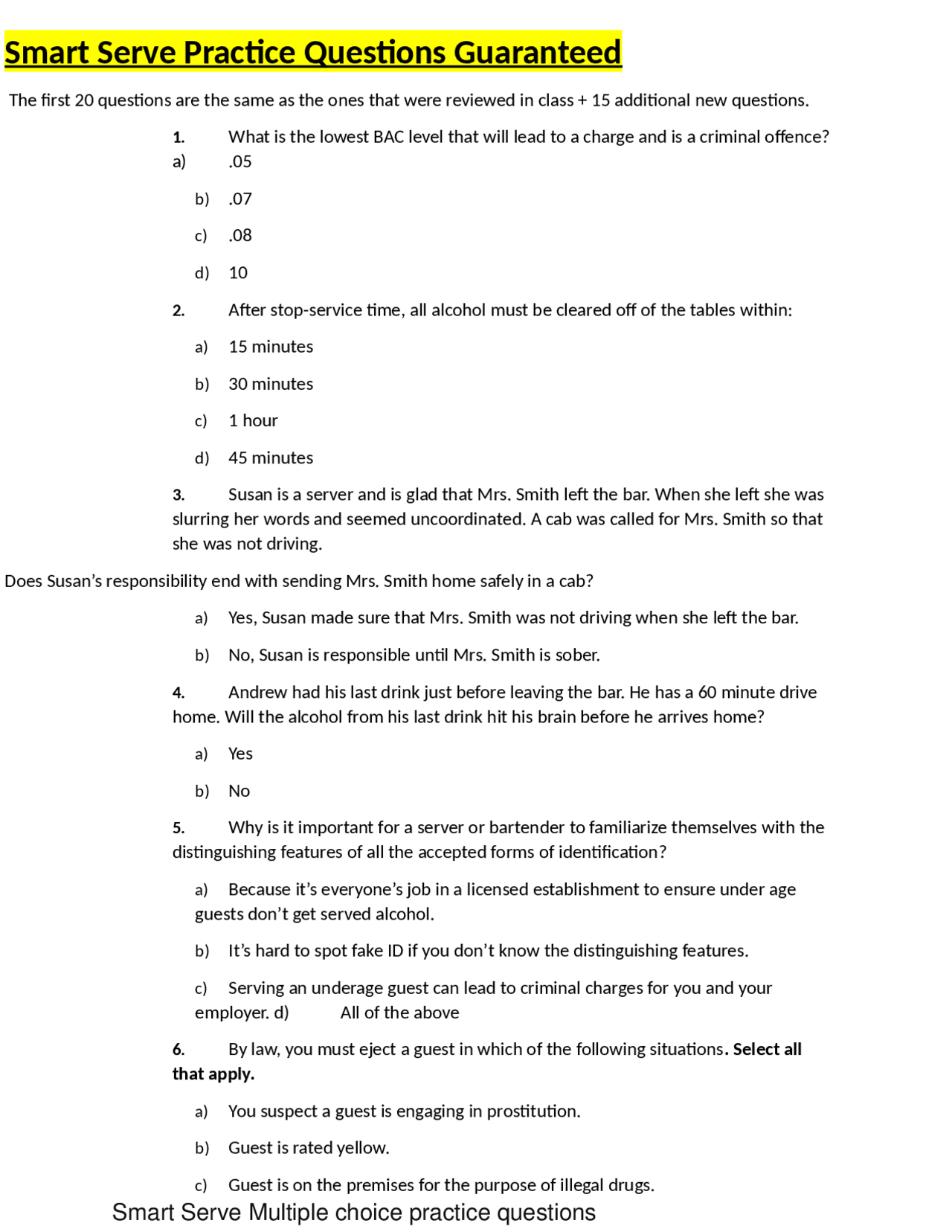 Smart Serve Practice Questions: Multiple Choice Quiz for Alcohol ...