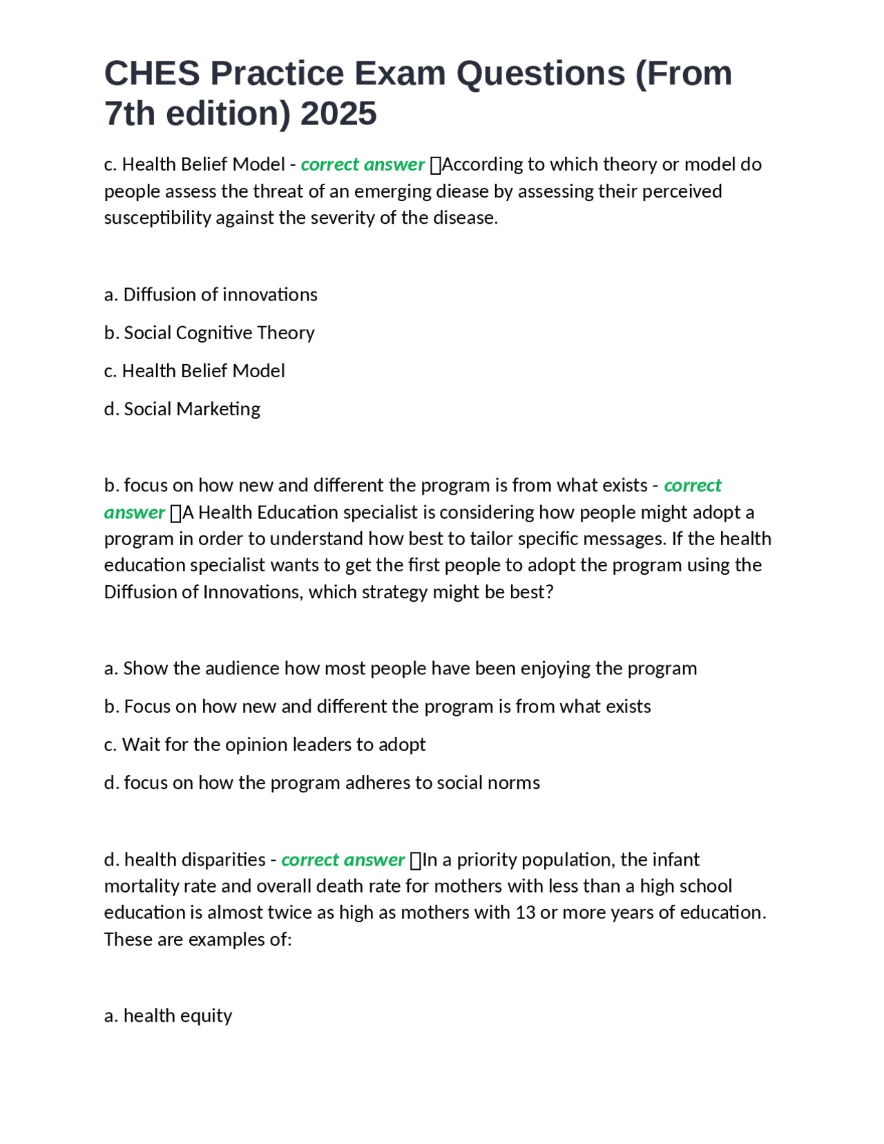 CHES Practice Exam Questions (7th Edition) 2025 | Exercises Nursing ...