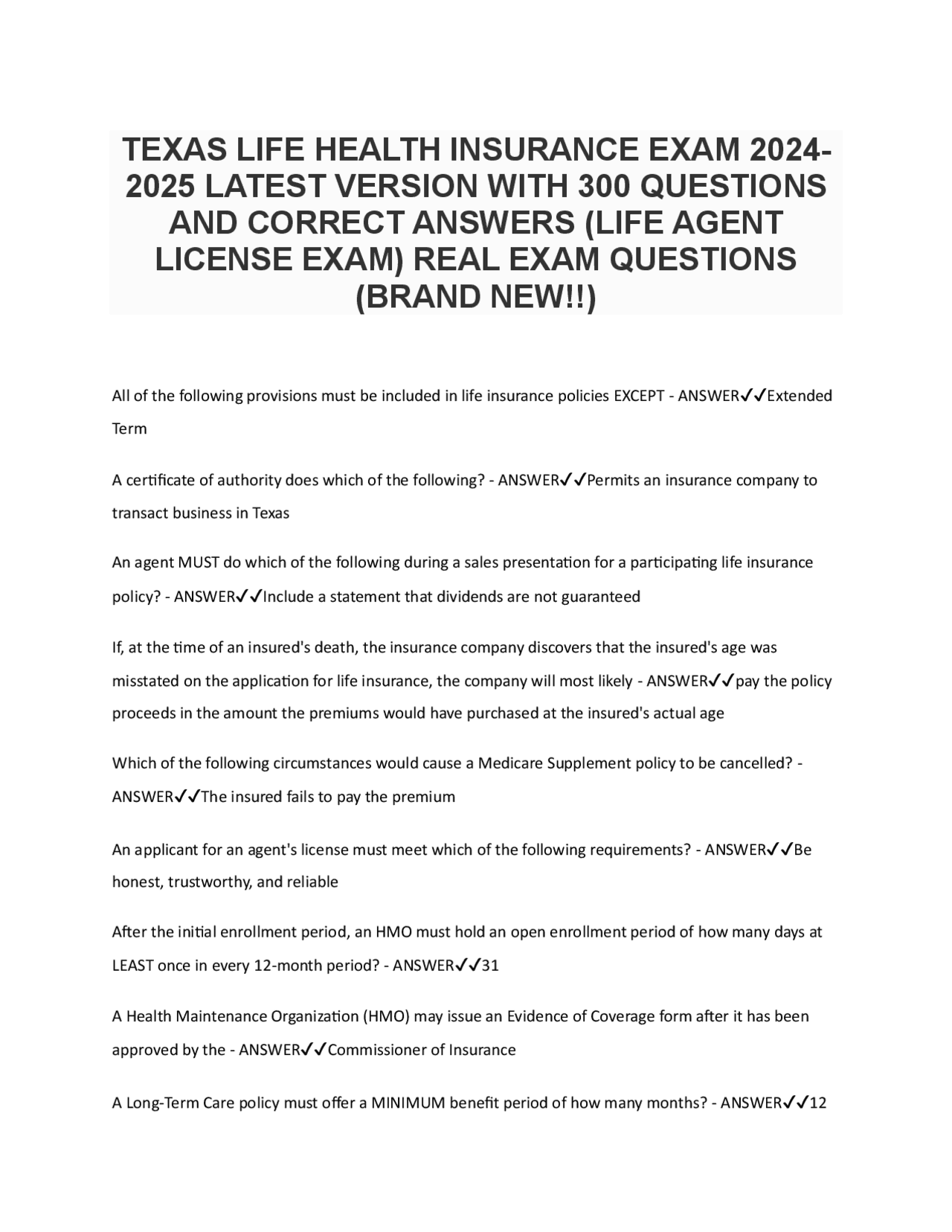 TEXAS LIFE HEALTH INSURANCE EXAM 2024-2025 LATEST VERSION WITH 300 ...