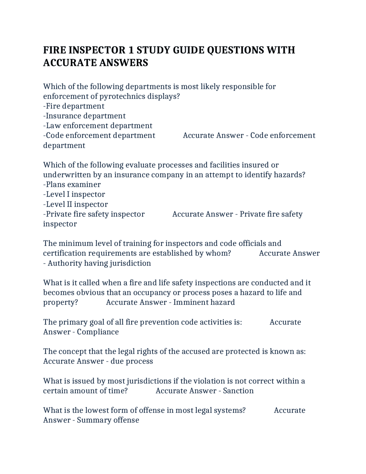 FIRE INSPECTOR 1 STUDY GUIDE QUESTIONS WITH ACCURATE ANSWERS | Exams ...