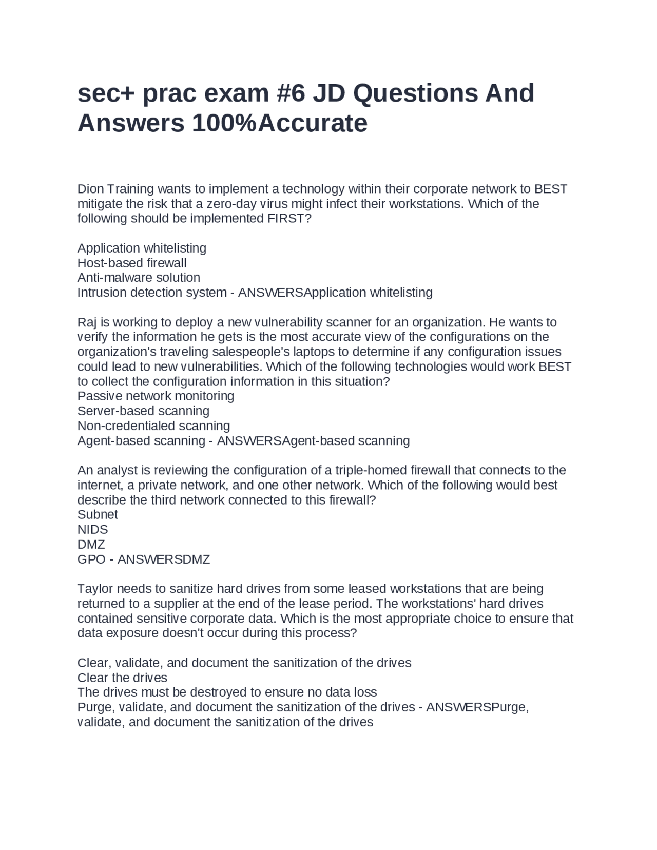 Sec+ Practice Exam #6: Cybersecurity Questions and Answers | Exams Computer Security | Docsity