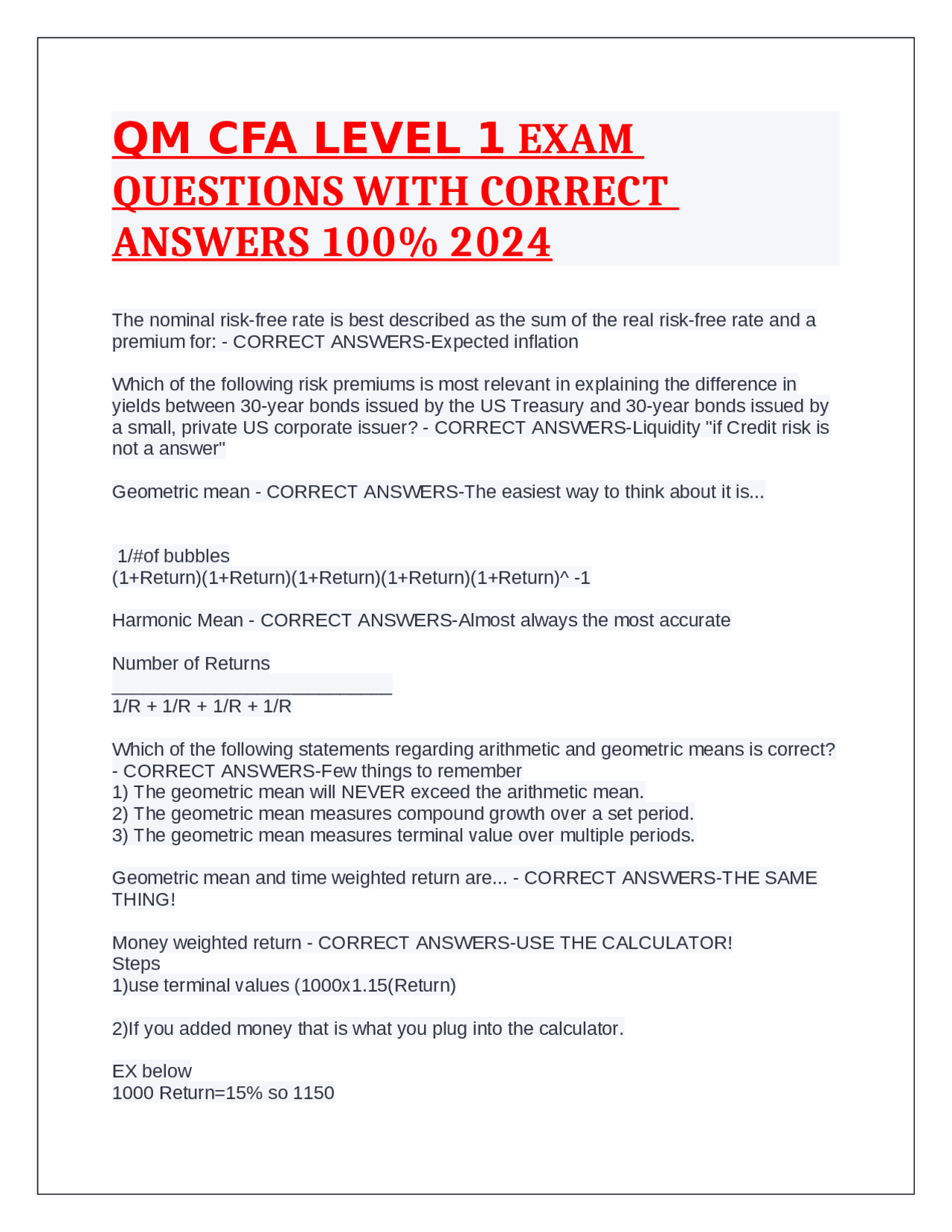 CFA Level 1 Exam Questions with Correct Answers 2024 | Exams Advanced ...