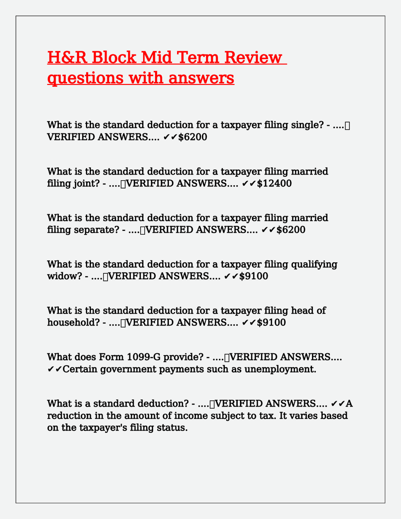H&R Block Mid Term Review: Questions and Answers on Tax Filing | Exams ...