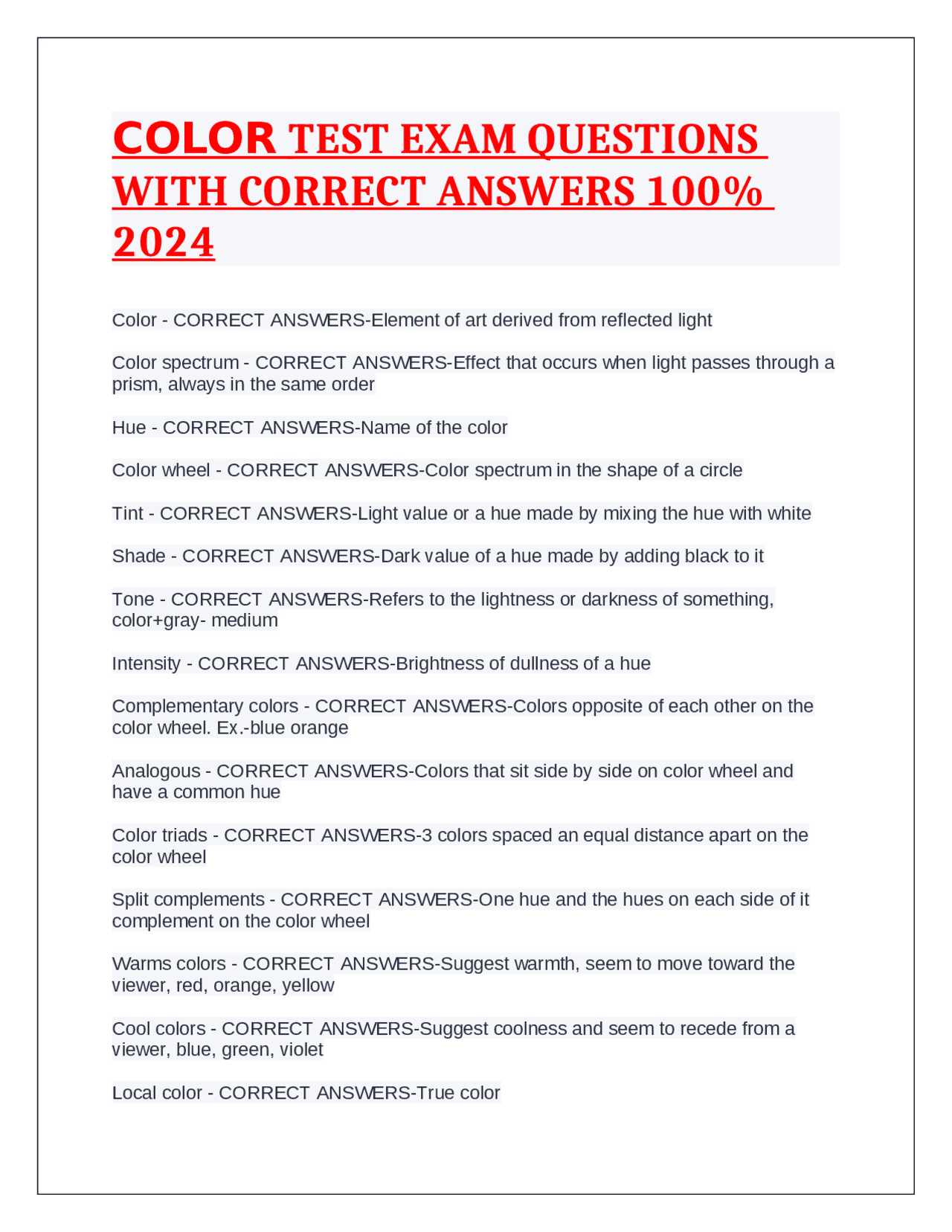 COLOR TEST EXAM QUESTIONS WITH CORRECT ANSWERS 100% 2024 | Exams ...