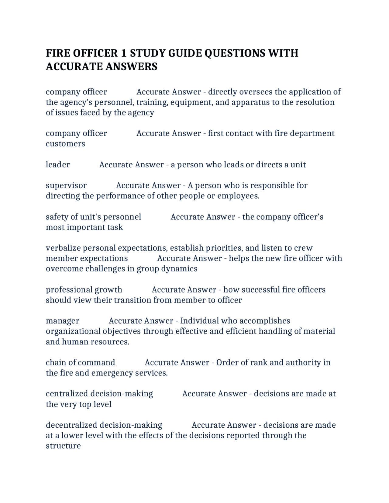 FIRE OFFICER 1 STUDY GUIDE QUESTIONS WITH ACCURATE ANSWERS | Exams ...