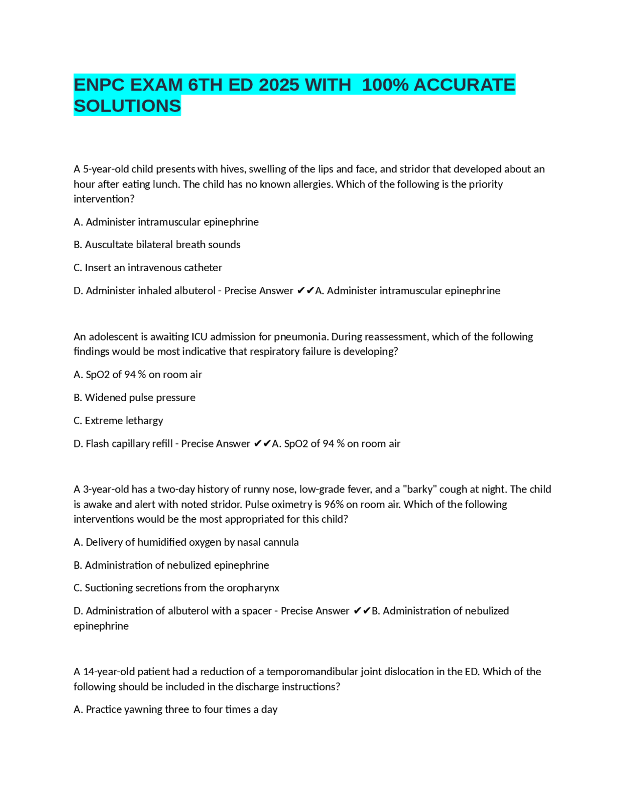 ENPC Exam 6th Edition 2025: Practice Questions and Answers | Exams ...