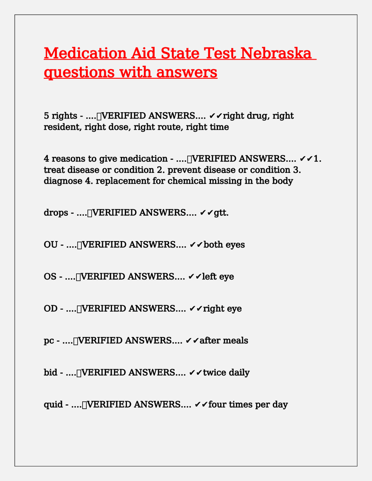 Medication Aid State Test Nebraska questions with answers | Exams ...
