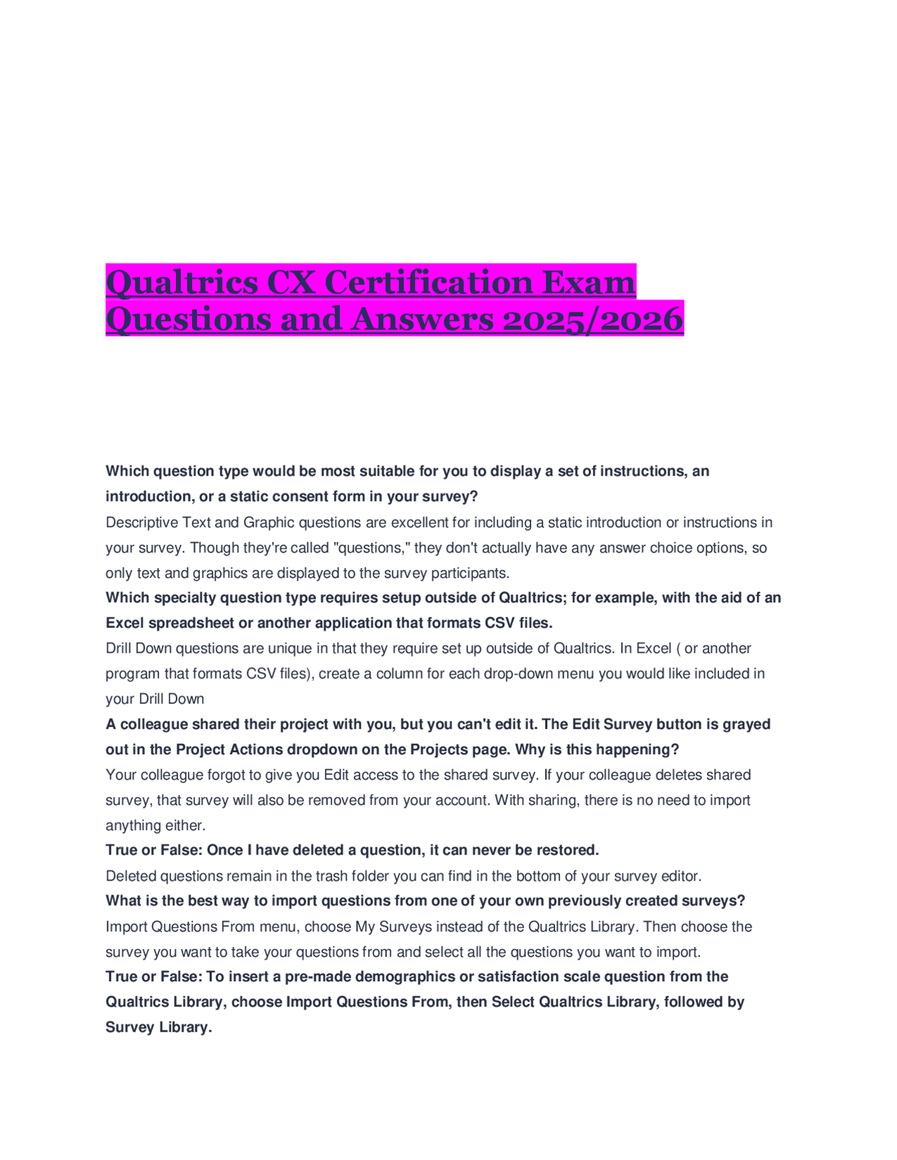 Qualtrics CX Certification Exam Questions and Answers 2025/2026 | Exams Business Administration ...