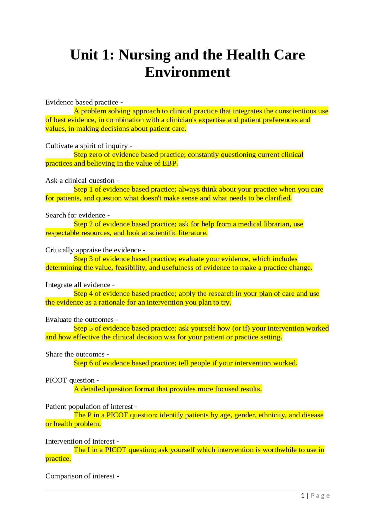Unit 1 Nursing and the Health Care Environment | Exams Nursing | Docsity
