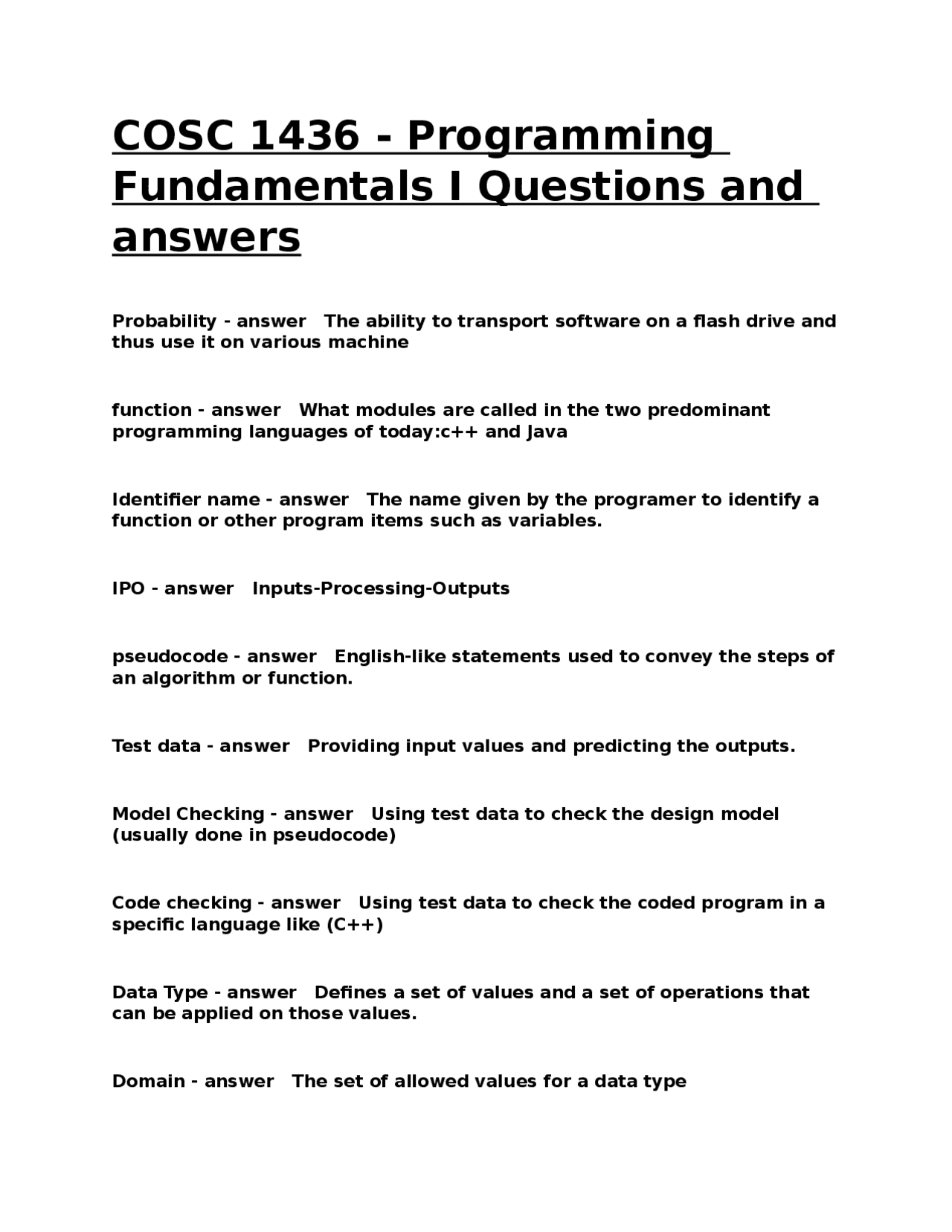 COSC 1436 - Programming Fundamentals I: Questions and Answers | Exams Biology | Docsity