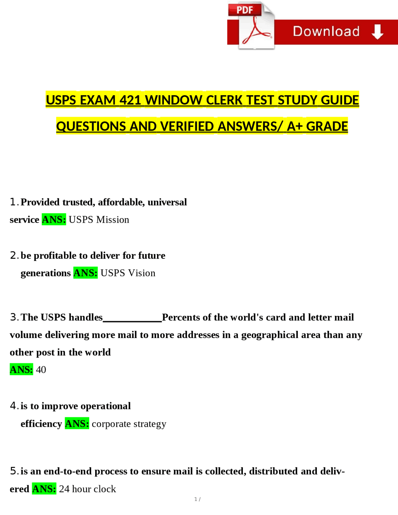 USPS EXAM 421 WINDOW CLERK TEST QUESTIONS AND VERIFIED ANSWERS/ A+ ...