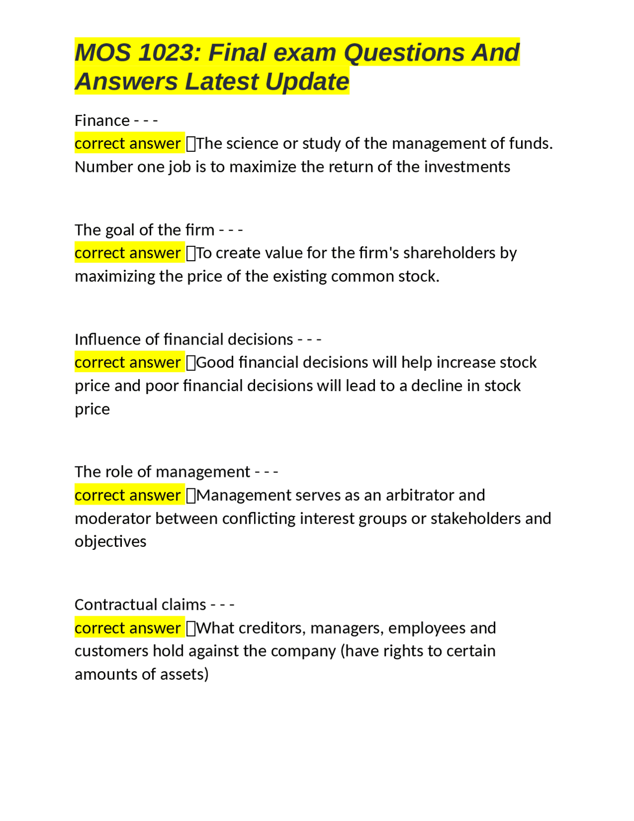 MOS 1023: Final Exam Questions and Answers - Finance | Exams Finance ...
