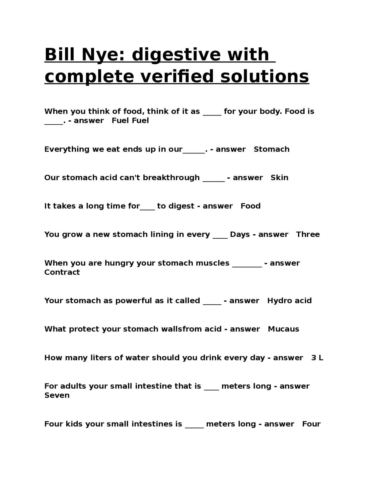 Bill Nye: Digestive System Quiz with Answers | Exams Biology | Docsity