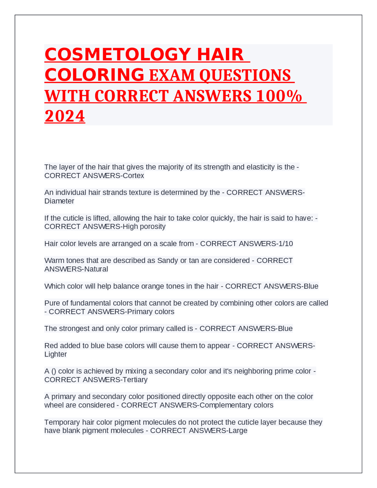 Cosmetology Hair Coloring Exam Questions and Answers | Exams Advanced ...