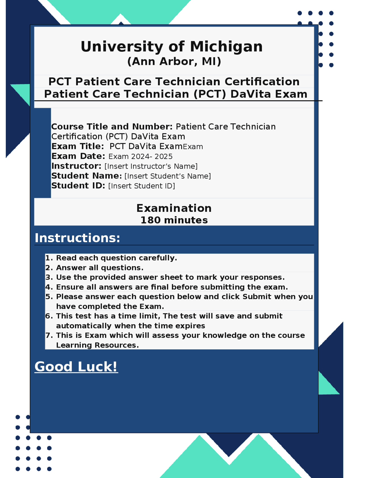 PCT Patient Care Technician Certification Exam Review Questions and ...