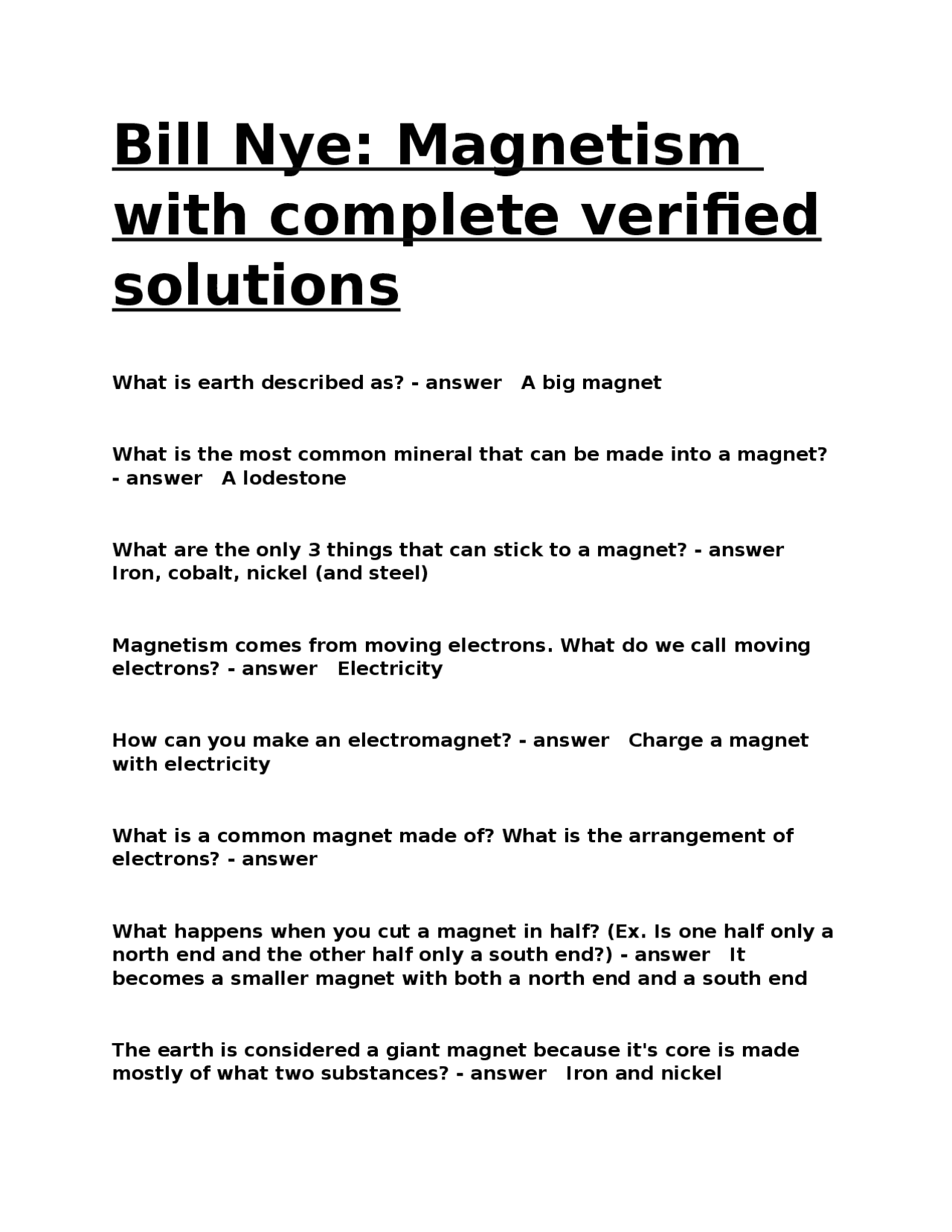 Bill Nye Magnetism with complete verified solutions | Exams Biology ...