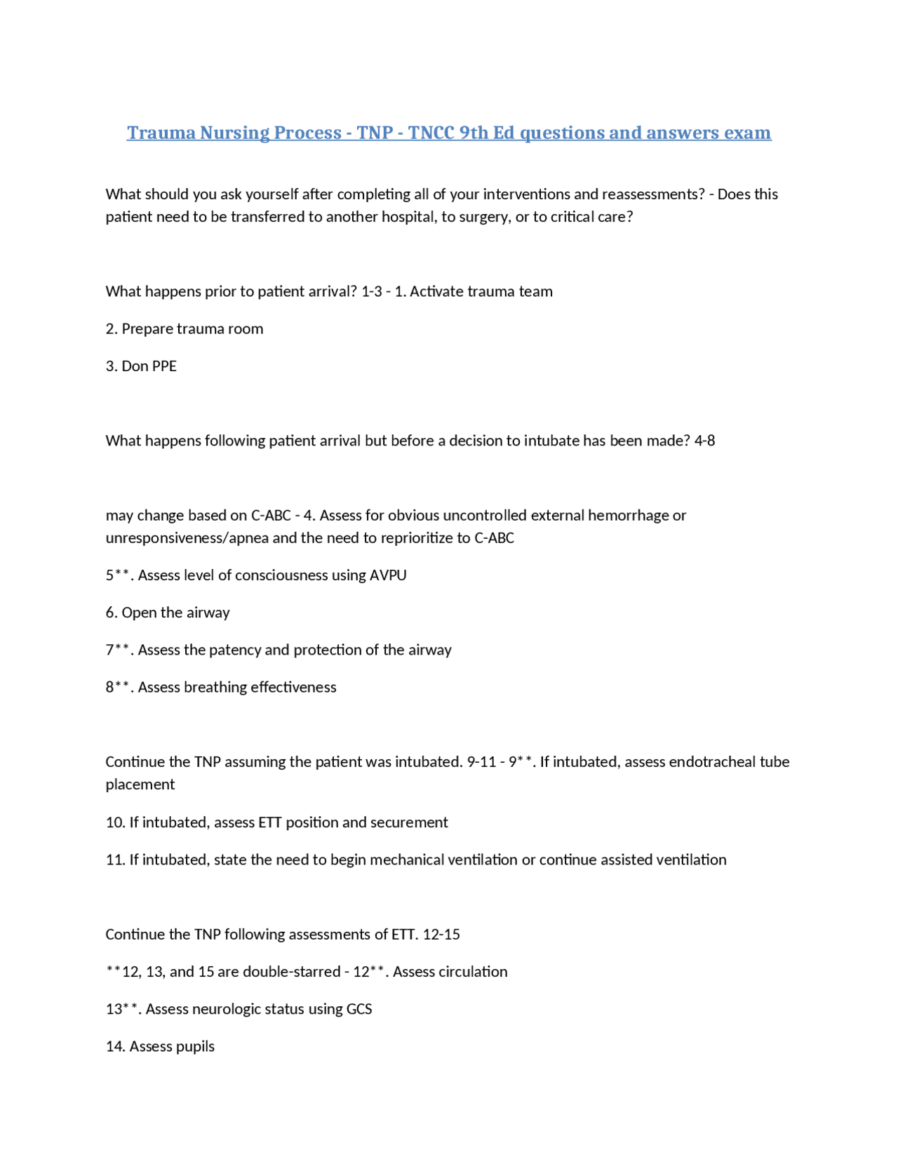 Trauma Nursing Process (TNP) - TNCC 9th Edition: Questions and Answers ...