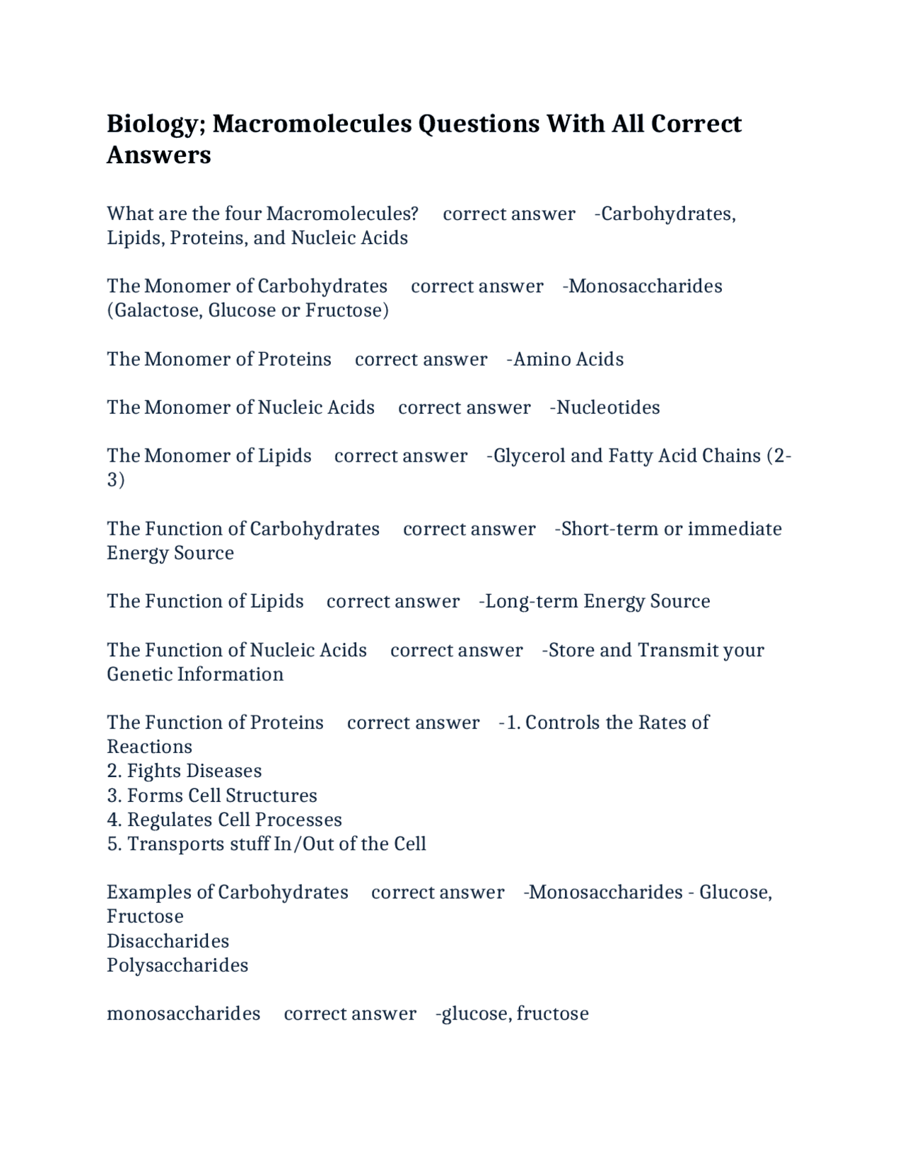 Biology; Macromolecules Questions With All Correct Answers | Exams ...