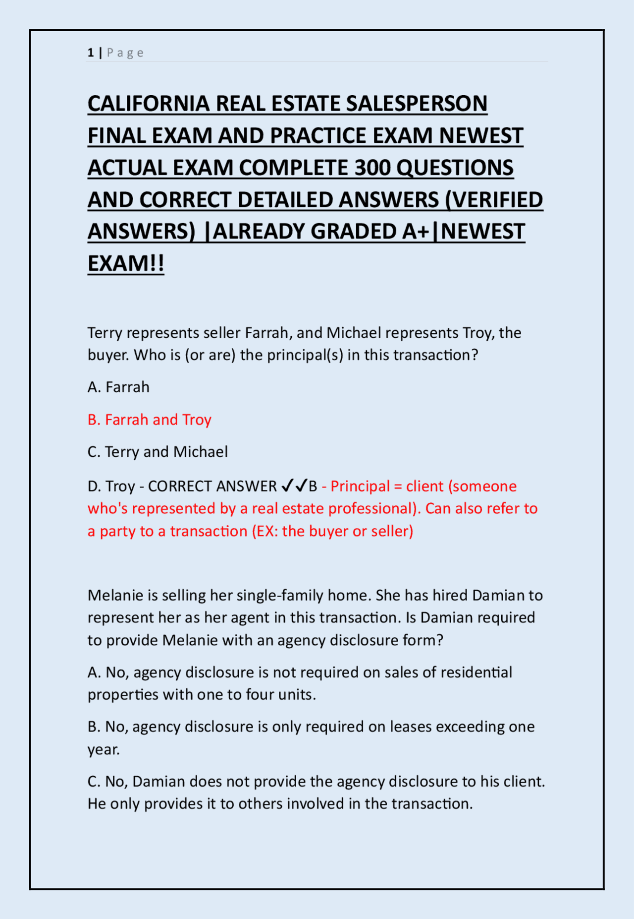 California Real Estate Salesperson Final Exam and Practice Exam: 300 Questions and Answers ...