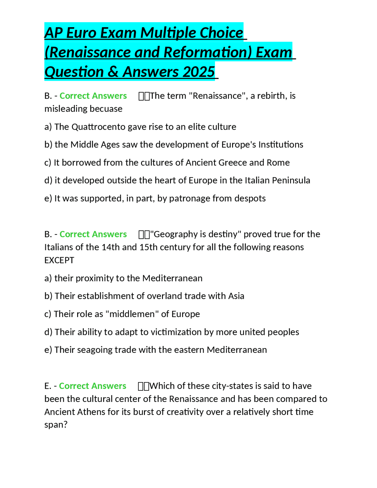 AP Euro Exam Multiple Choice Questions and Answers: Renaissance and ...