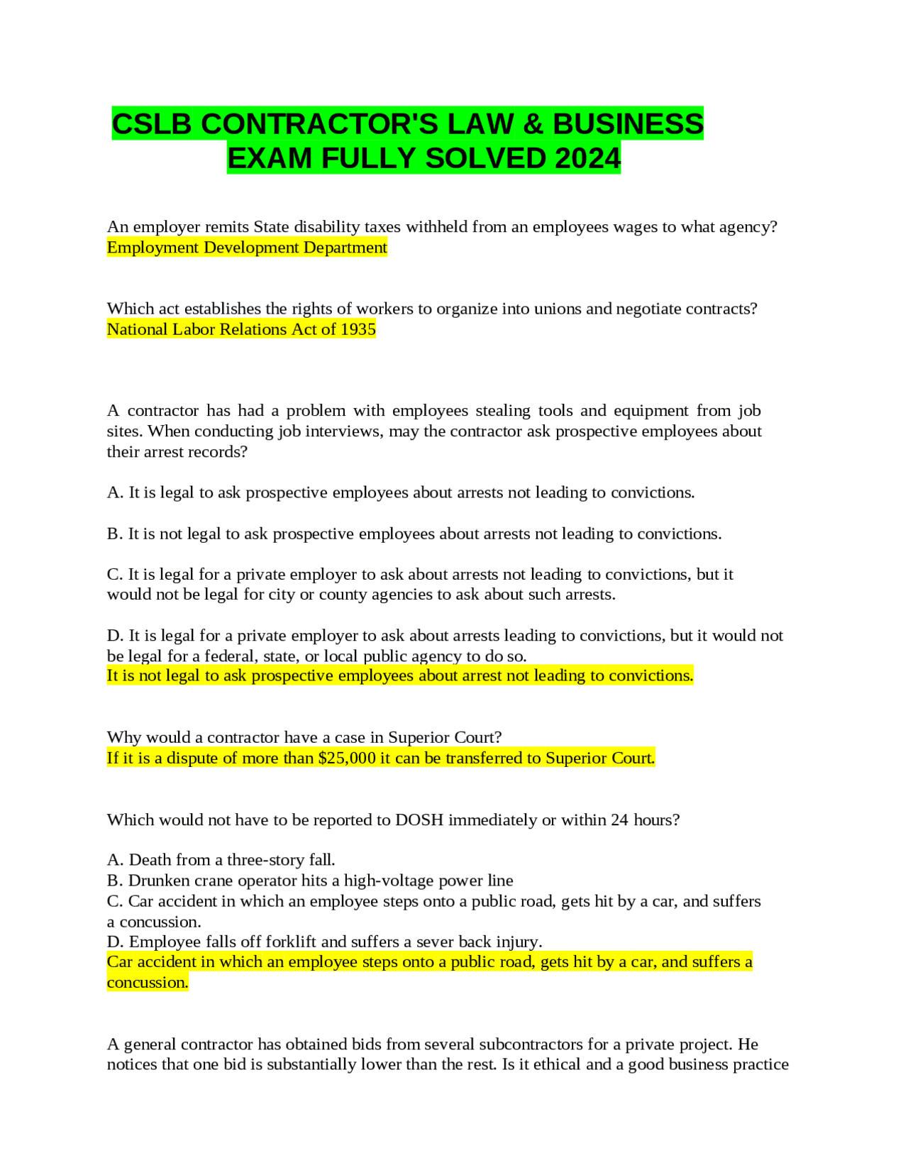 CSLB Contractor's Law & Business Exam: Fully Solved 2024 | Exams ...