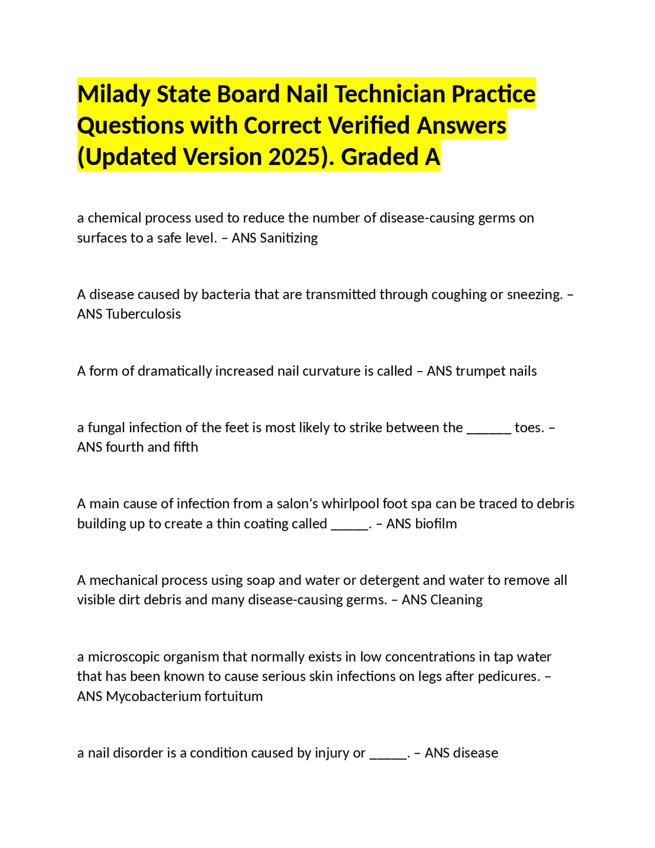 Milady State Board Nail Technician Practice Questions and Answers ...