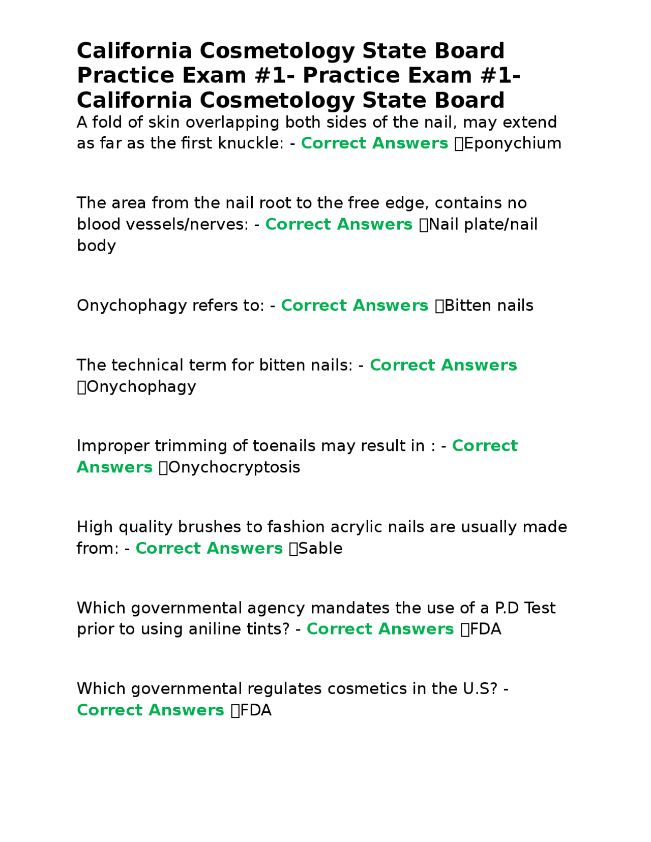 California Cosmetology State Board Practice Exam #1- Practice Exam #1 ...