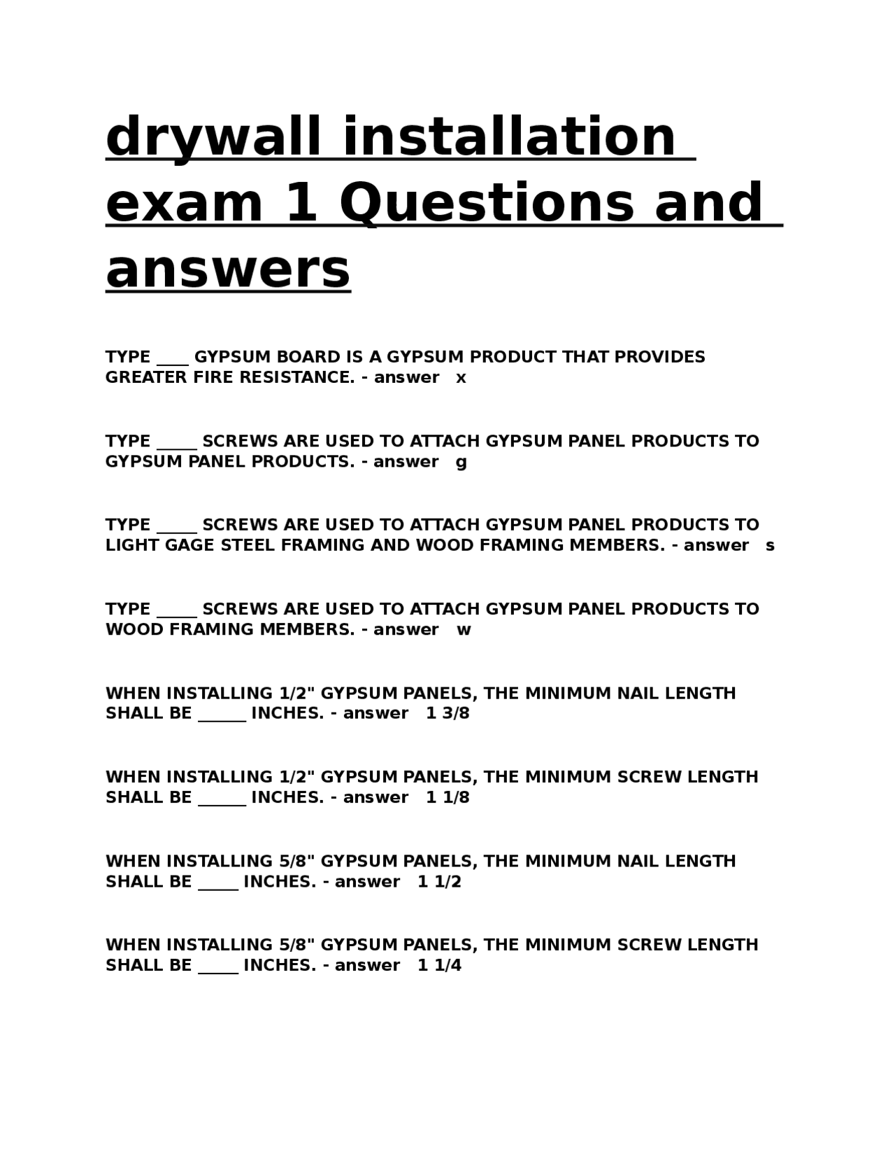 Drywall Installation Exam 1 Questions and Answers | Exams Biology | Docsity