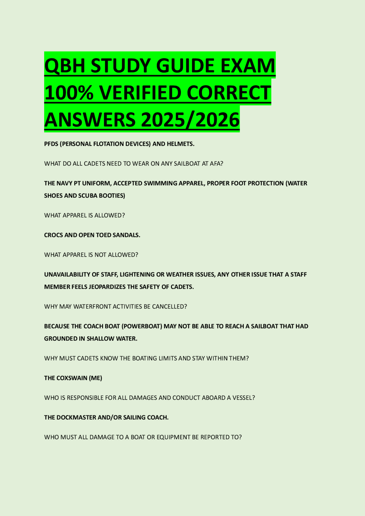 QBH STUDY GUIDE EXAM 100% VERIFIED CORRECT ANSWERS 2025/2026 | Exams ...