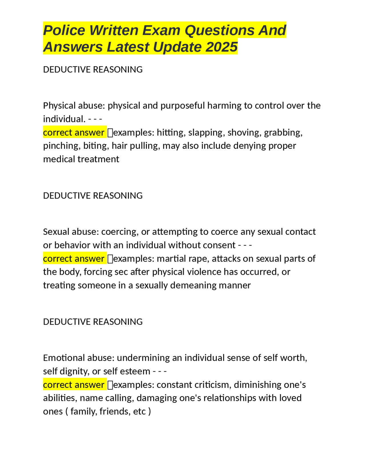 Police Written Exam Questions And Answers Latest Update 2025 | Exams ...