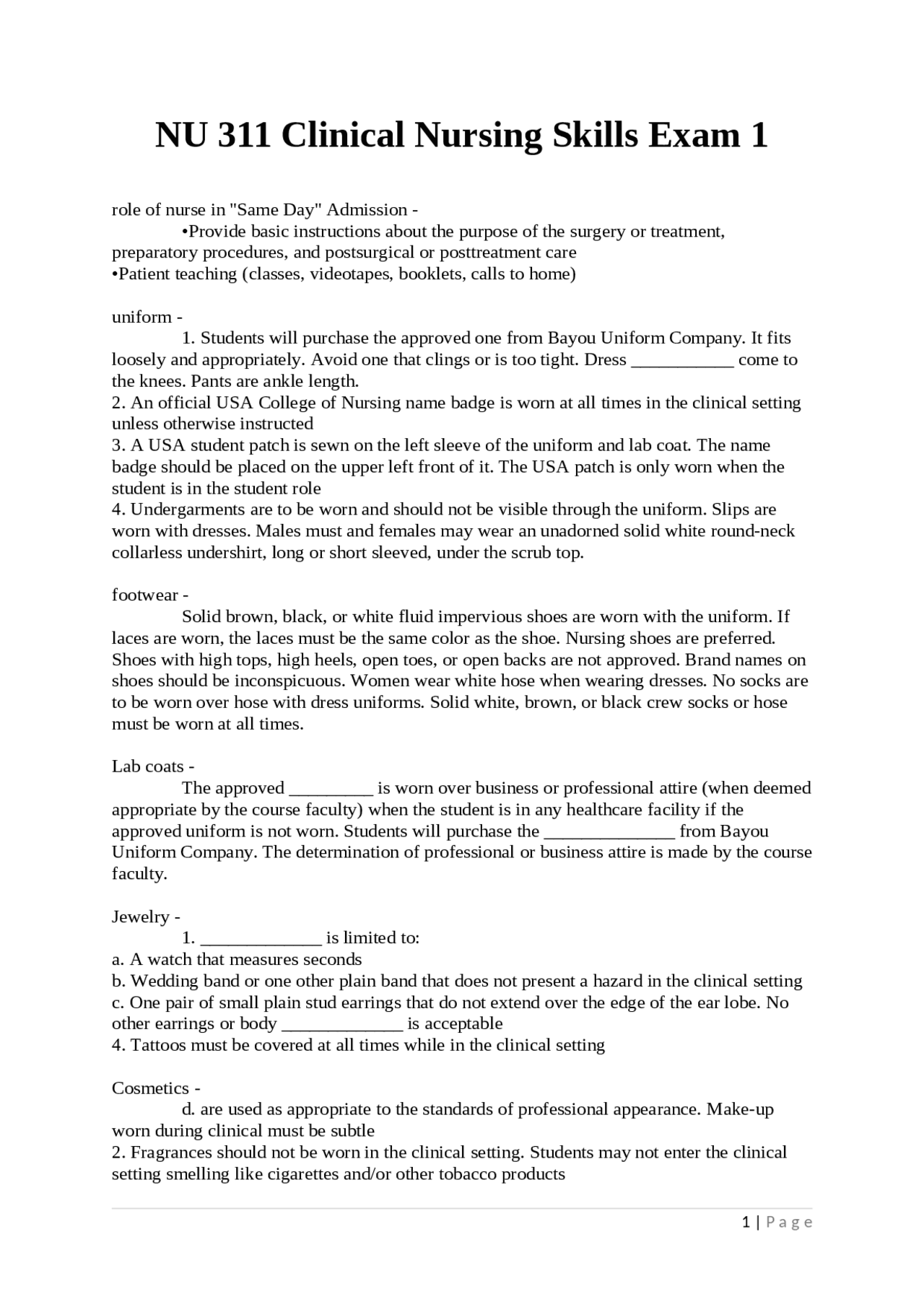 NU 311 Clinical Nursing Skills Exam 1: Uniform and Professional Conduct ...