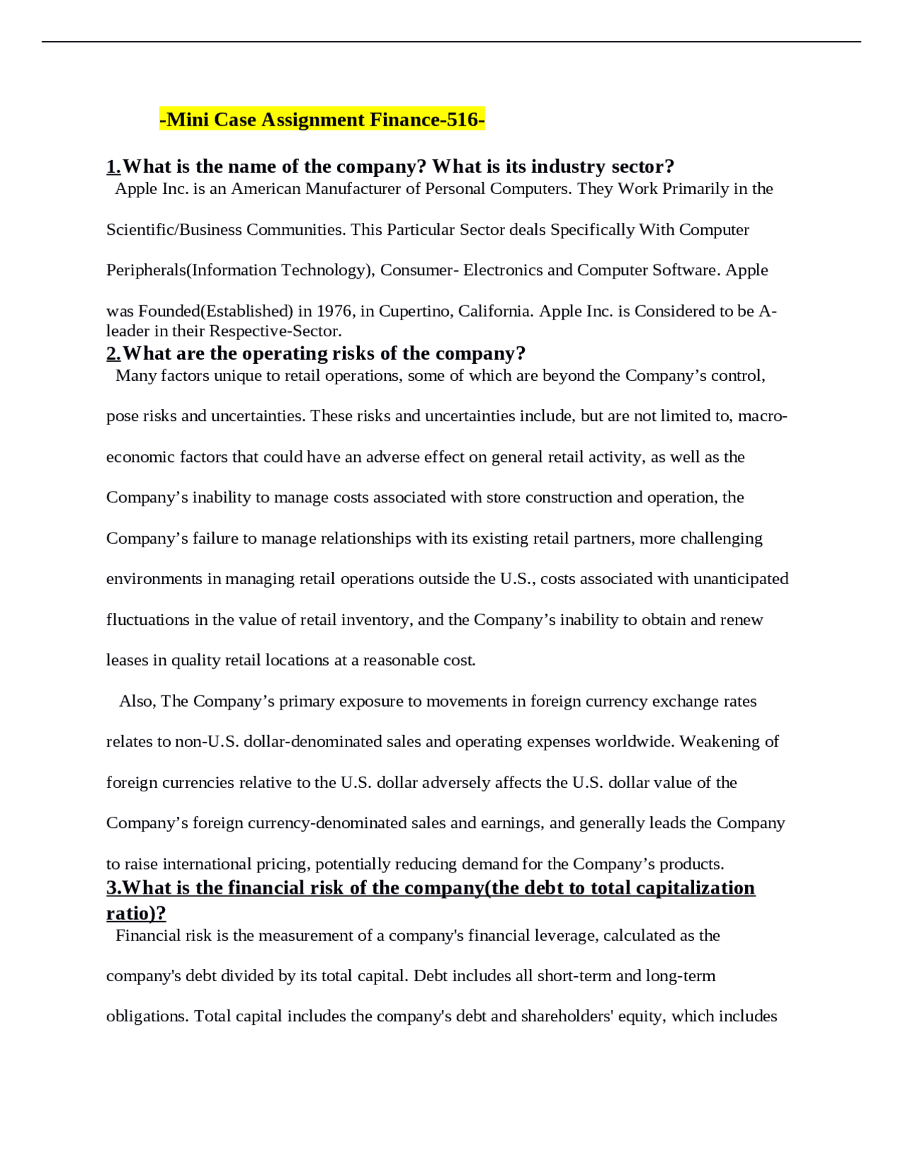 FIN 516 Week 2 Mini Case Assignment; Apple Inc. | Assignments Finance | Docsity