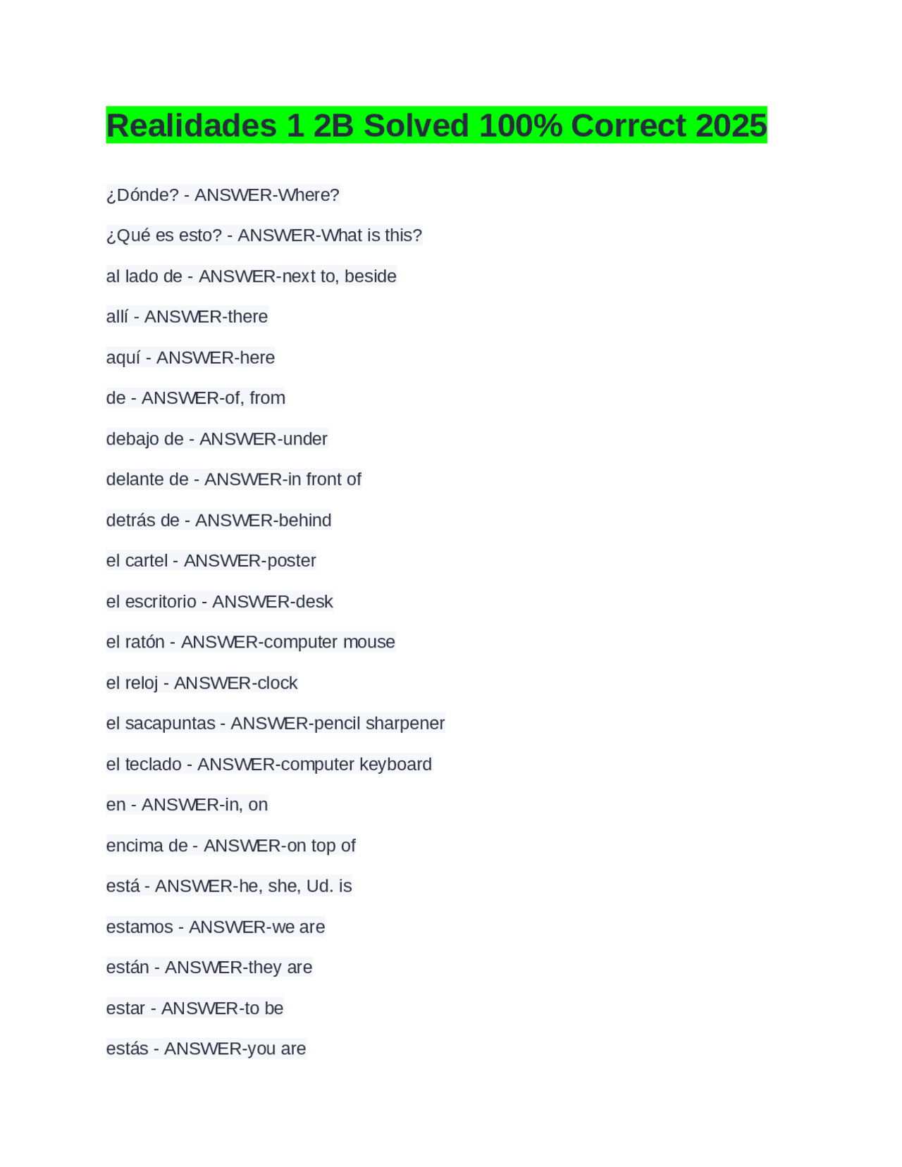 Realidades 1 2B Solved 100% Correct 2025 | Exams Communication | Docsity