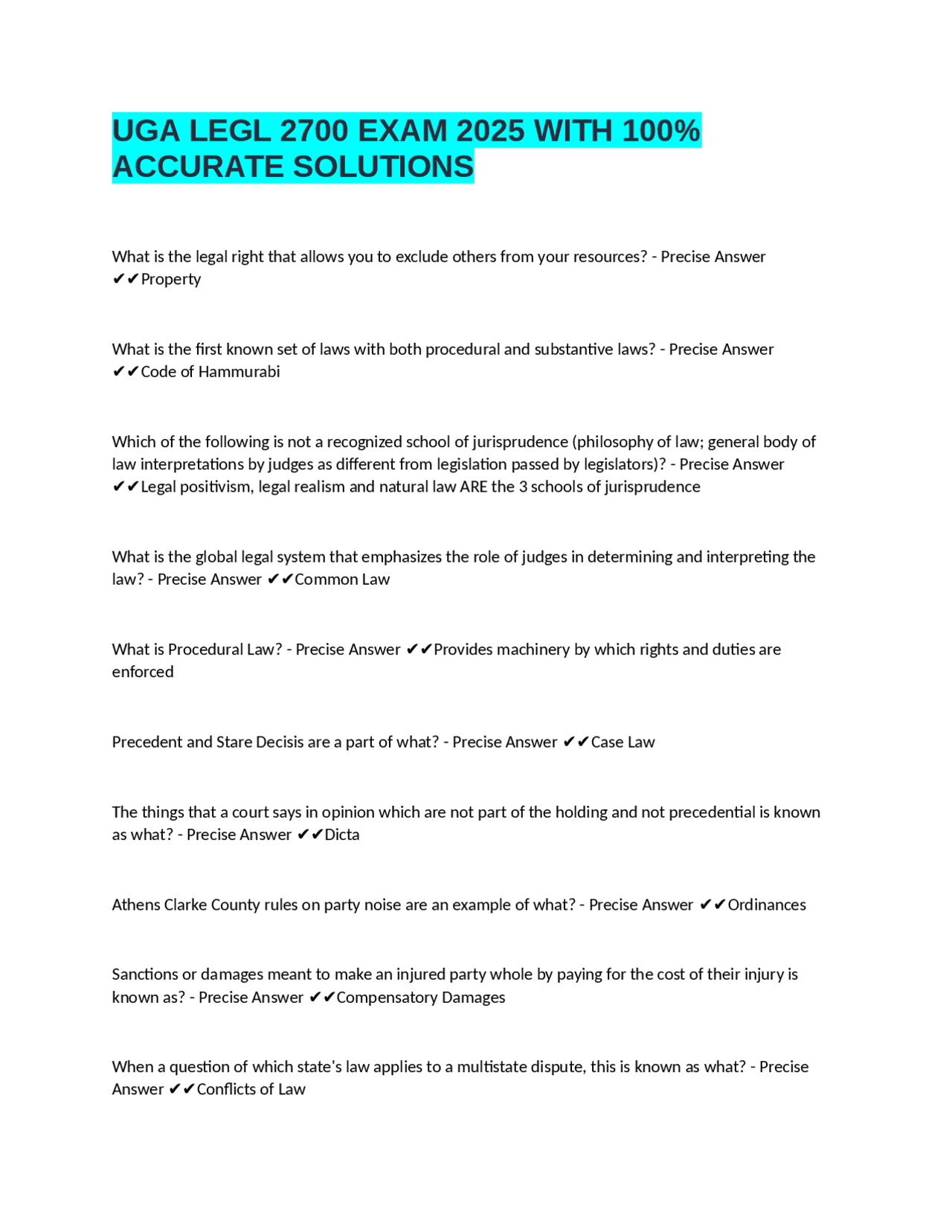 UGA LEGL 2700 EXAM 2025 WITH 100% ACCURATE SOLUTIONS | Exams Nursing | Docsity