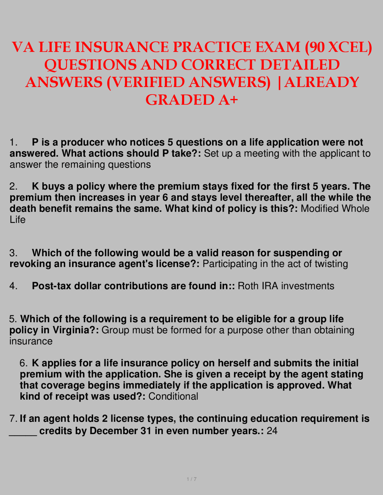 VA Life Insurance Practice Exam (90 XCEL) - Questions and Answers ...