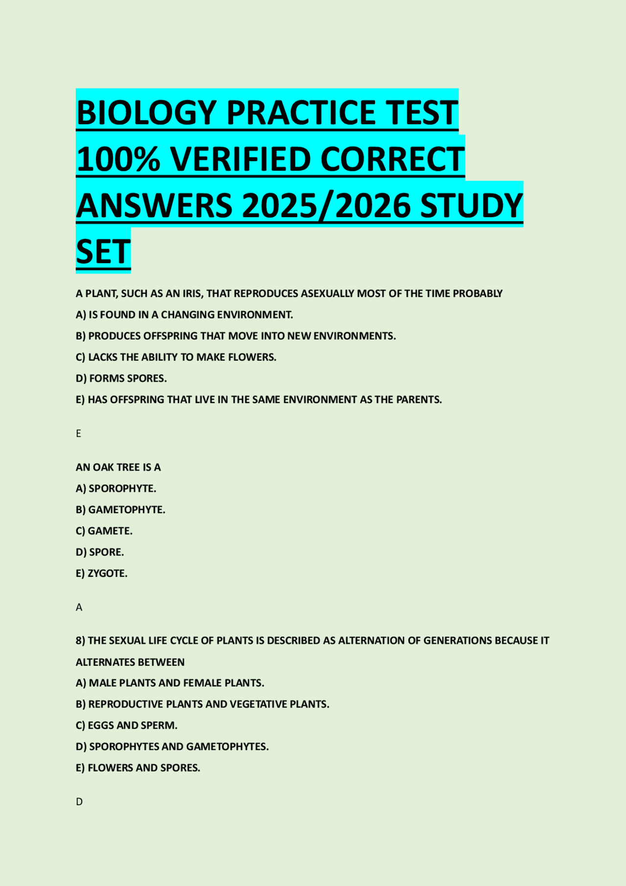 BIOLOGY PRACTICE TEST 100% VERIFIED CORRECT ANSWERS 2025/2026 STUDY SET ...