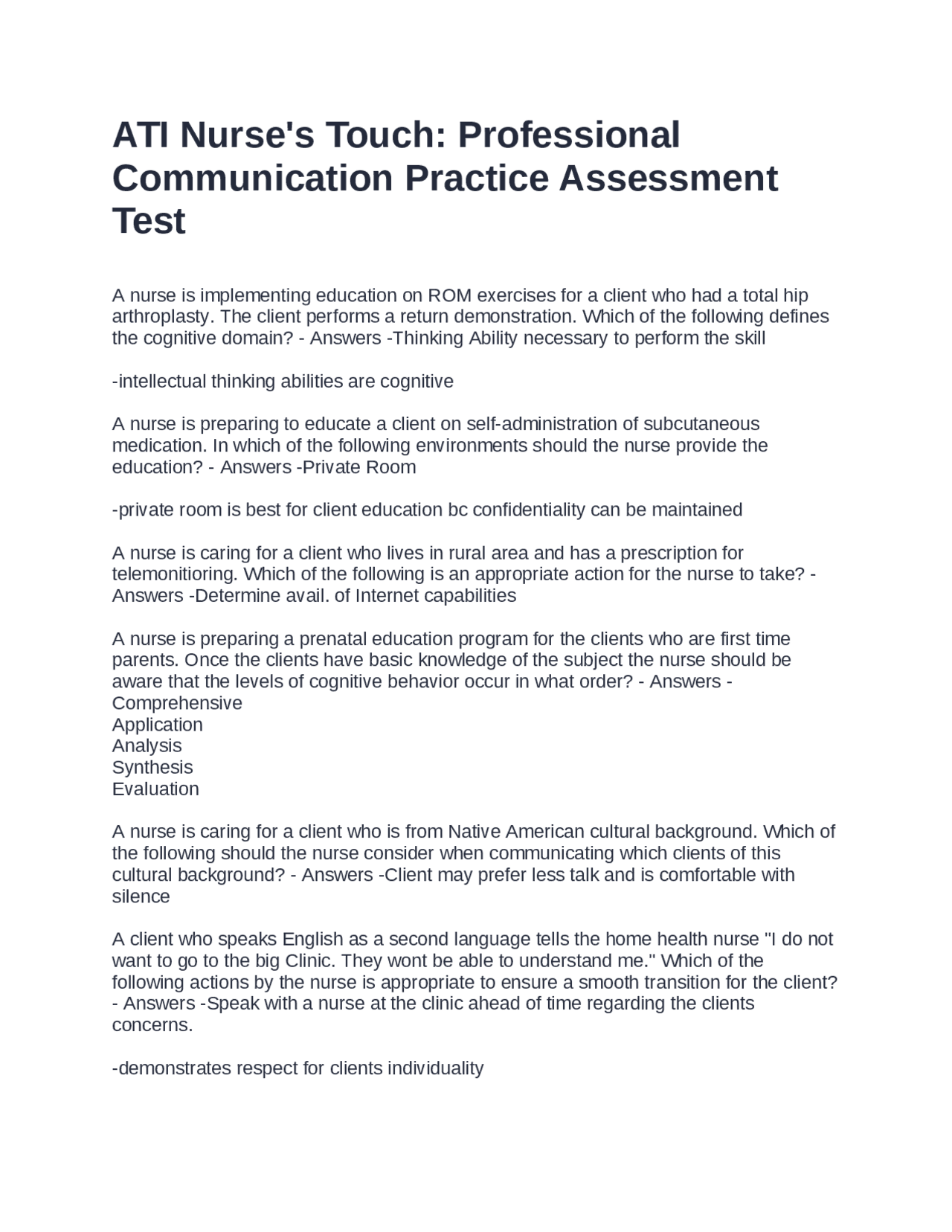 ATI Nurse's Touch: Professional Communication Practice Assessment Test ...
