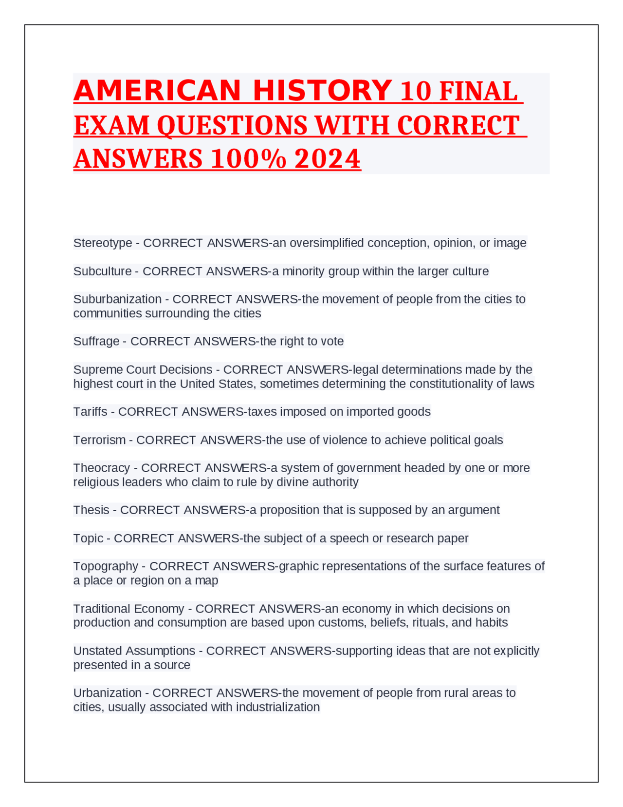 American History Final Exam Questions and Answers | Exams Advanced ...