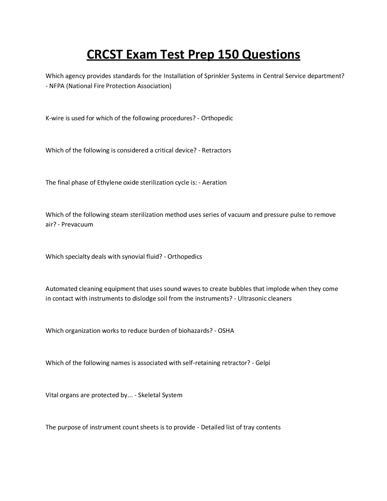 CRCST Exam Test Prep 150 Questions | Exams Advanced Education | Docsity