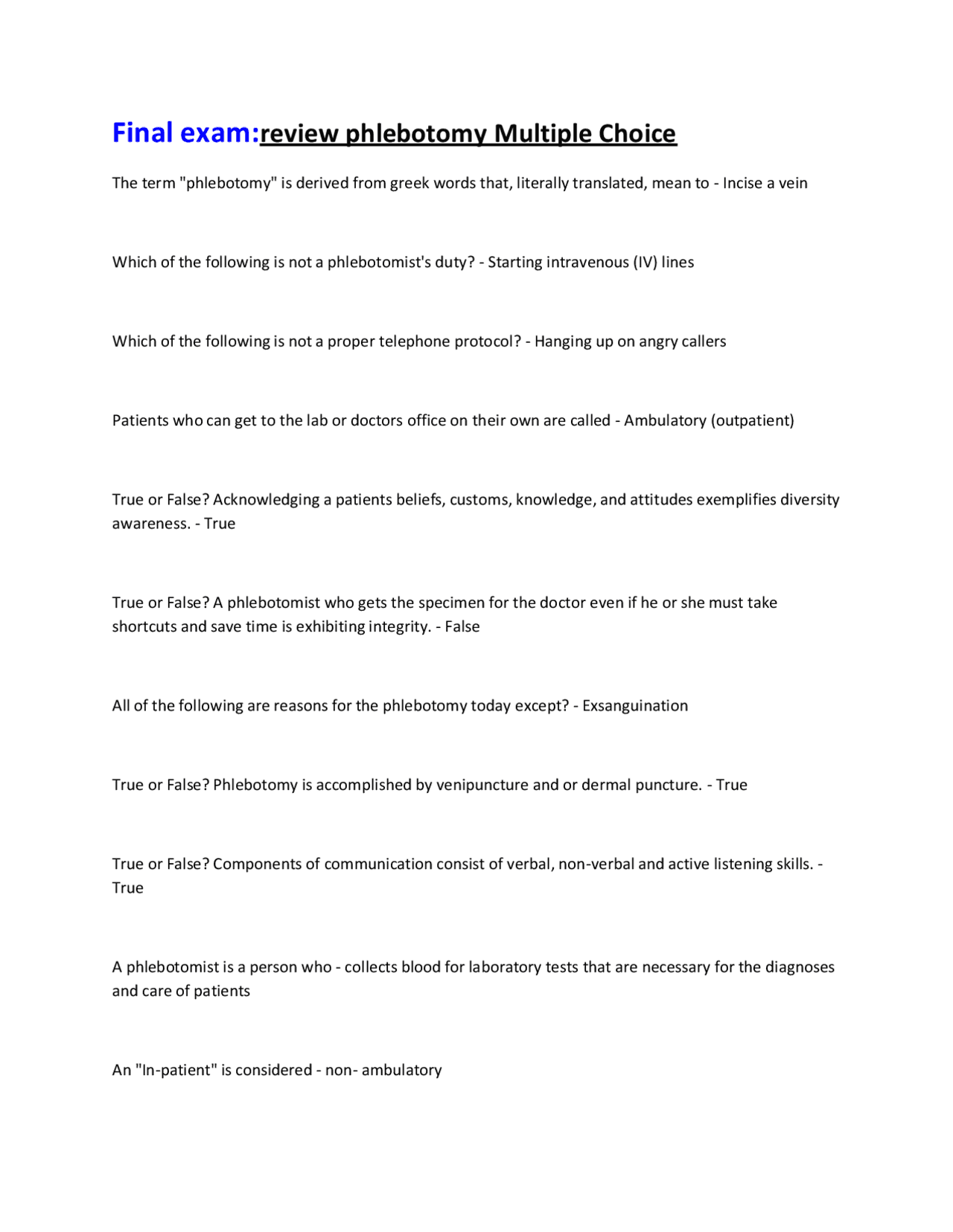 Final exam:review phlebotomy Multiple Choice | Exams Advanced Education | Docsity