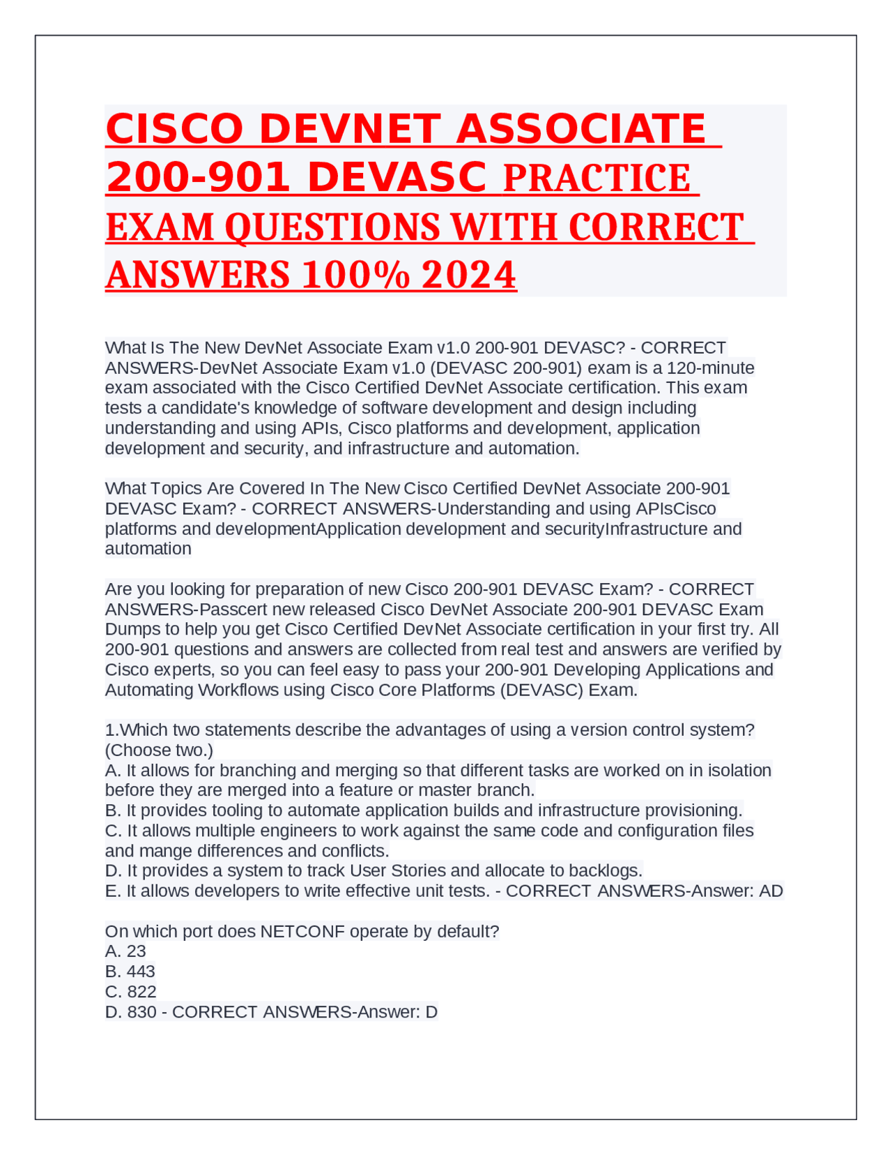 Cisco DevNet Associate Exam 200-901 DEVASC Practice Exam Questions with Correct Answers | Exams ...