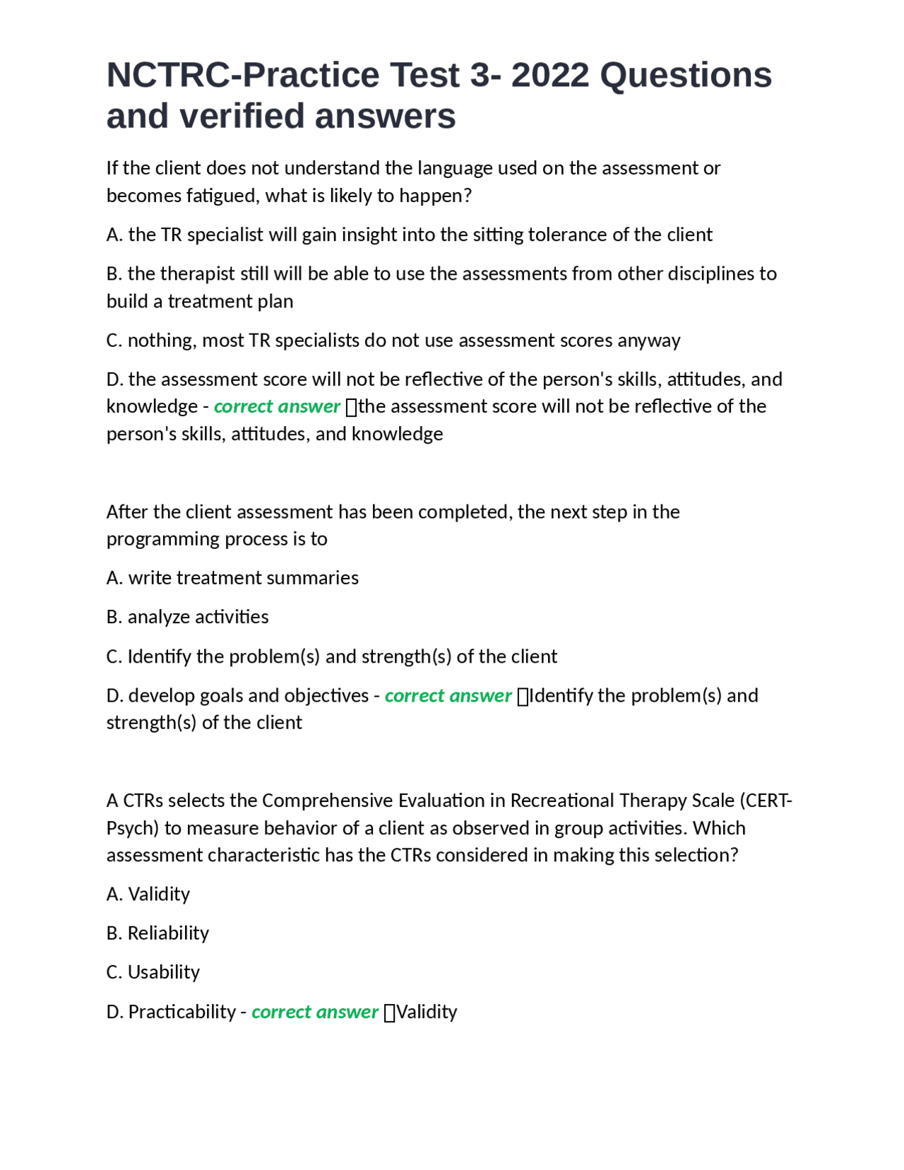 NCTRC-Practice Test 3- 2022 Questions and verified answers | Exams ...