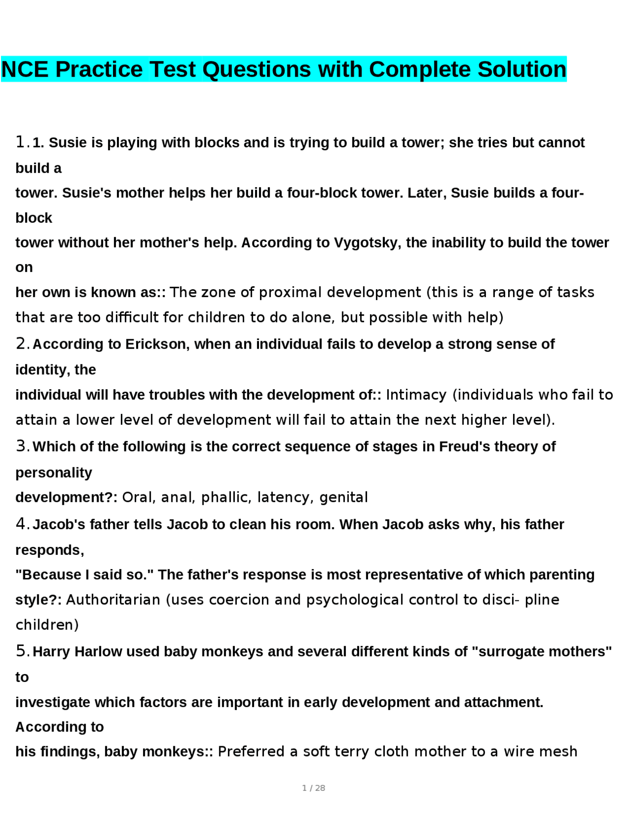 NCE Practice Test: Developmental Psychology Concepts | Exams Human ...