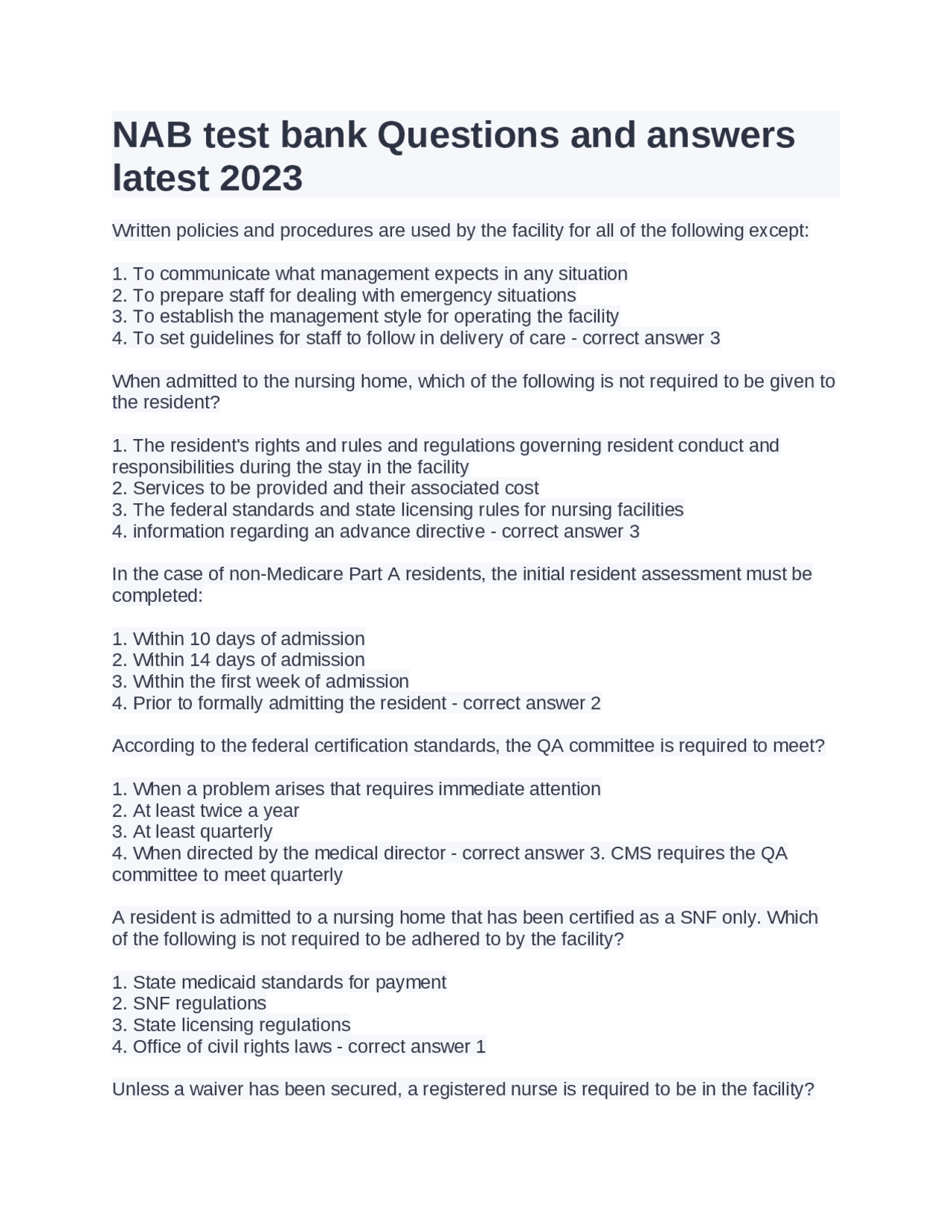 NAB Test Bank: Nursing Home Administration - Questions and Answers ...